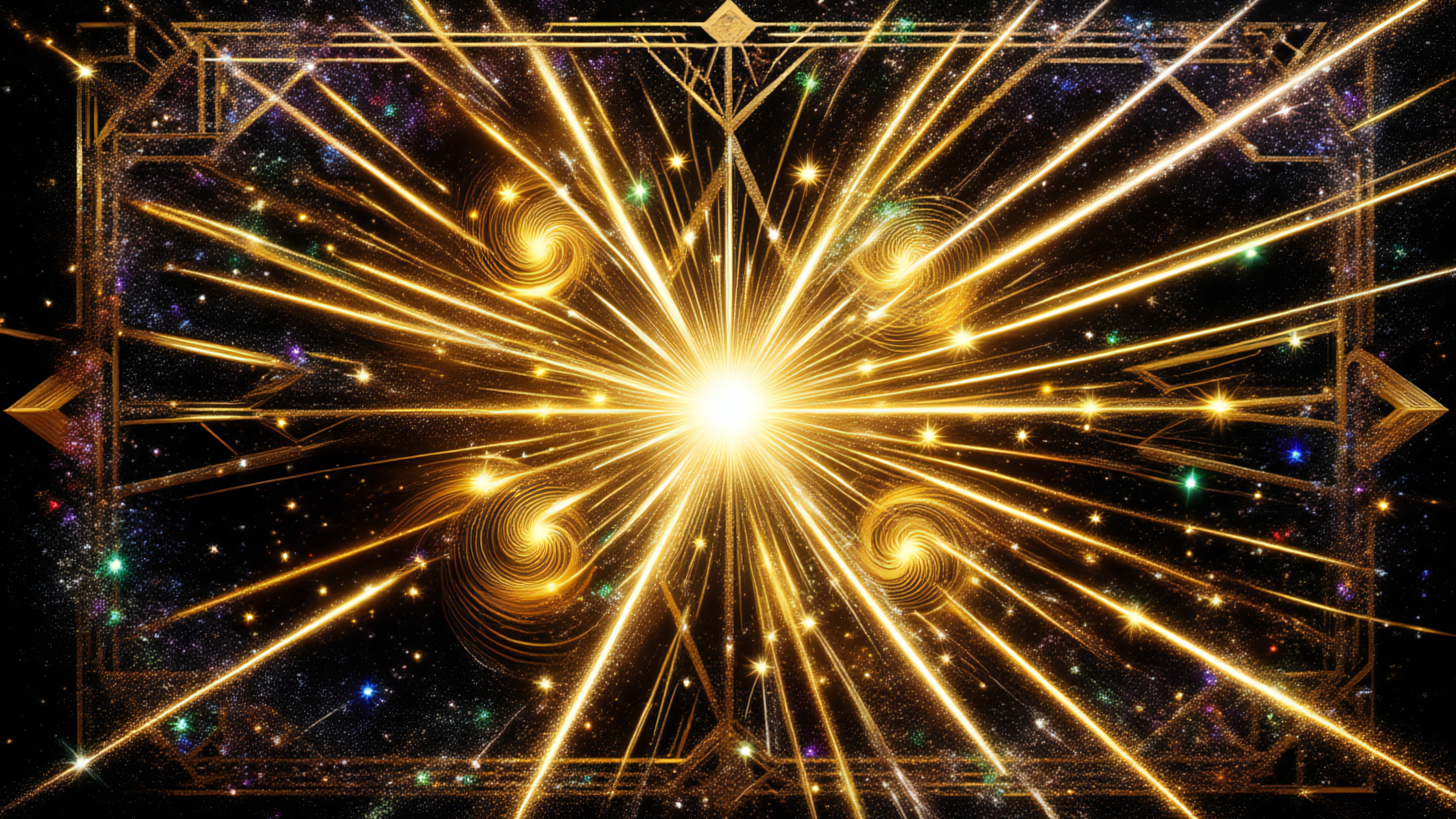 Golden Cosmic Burst Within Ornate Starframe Abstraction - backiee