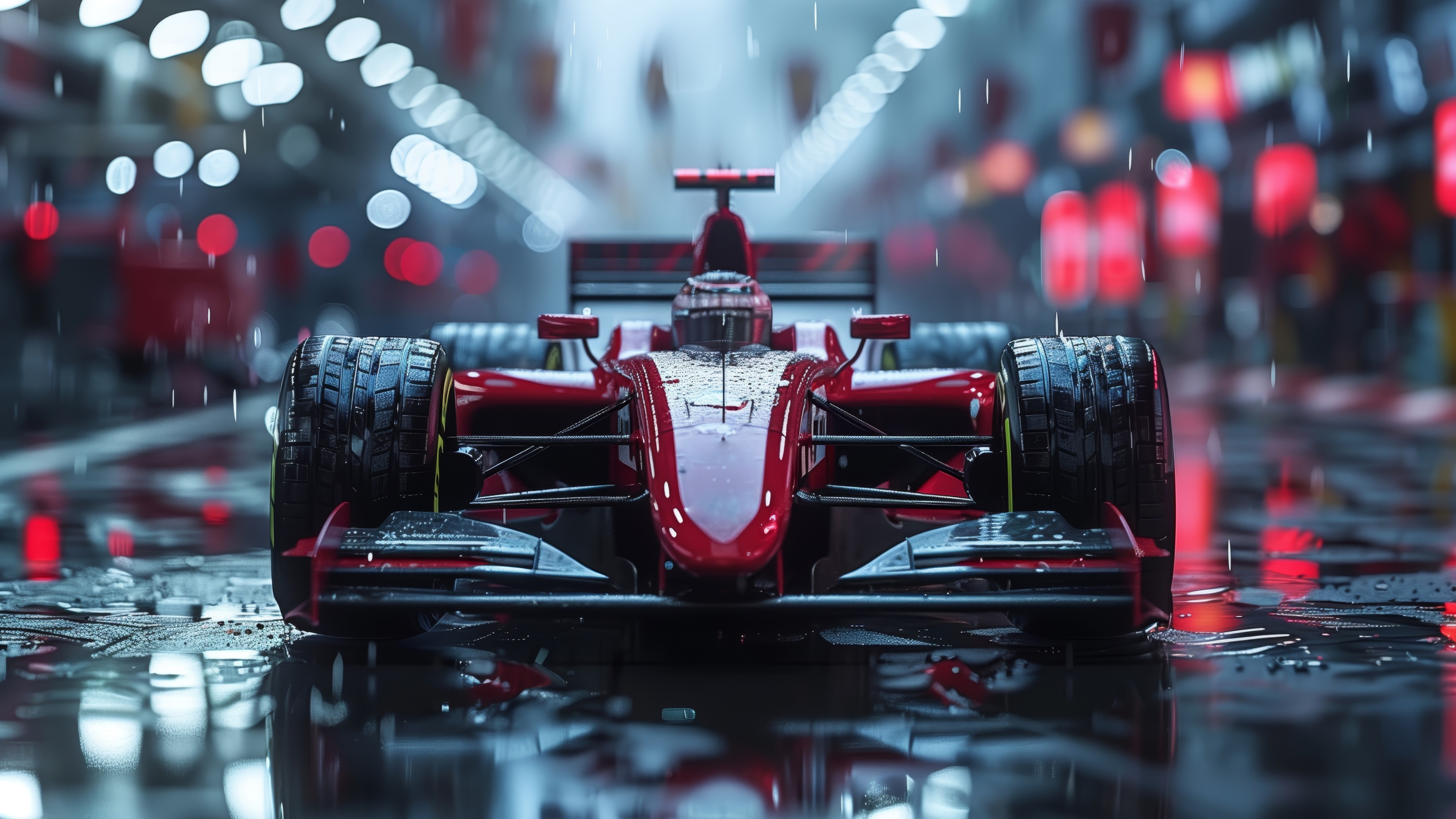 Rain Soaked Formula 1 Power Under Neon Pit Lane Lights - backiee