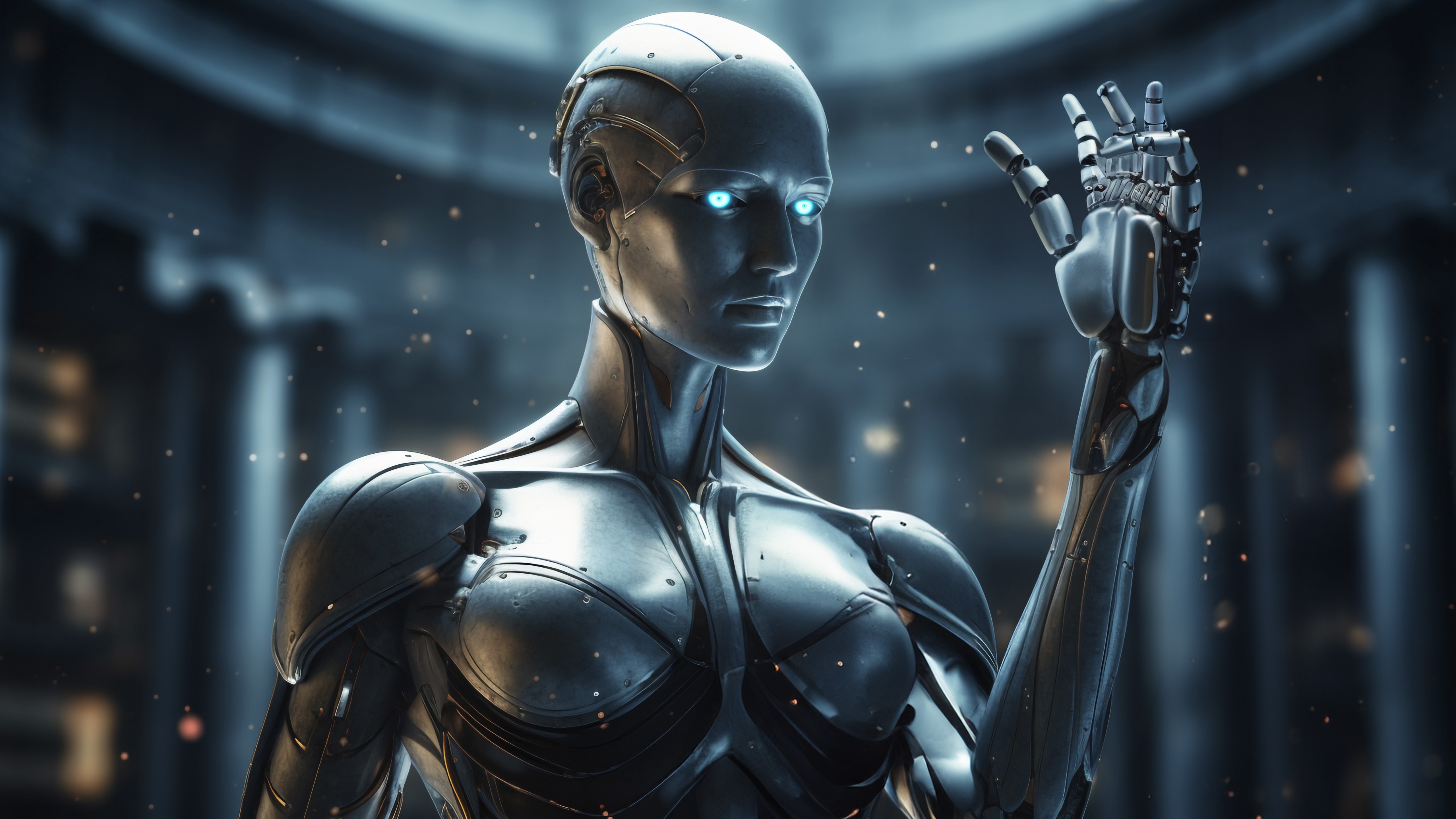 Luminous Cybernetic Guardian in a Futuristic Workshop - backiee