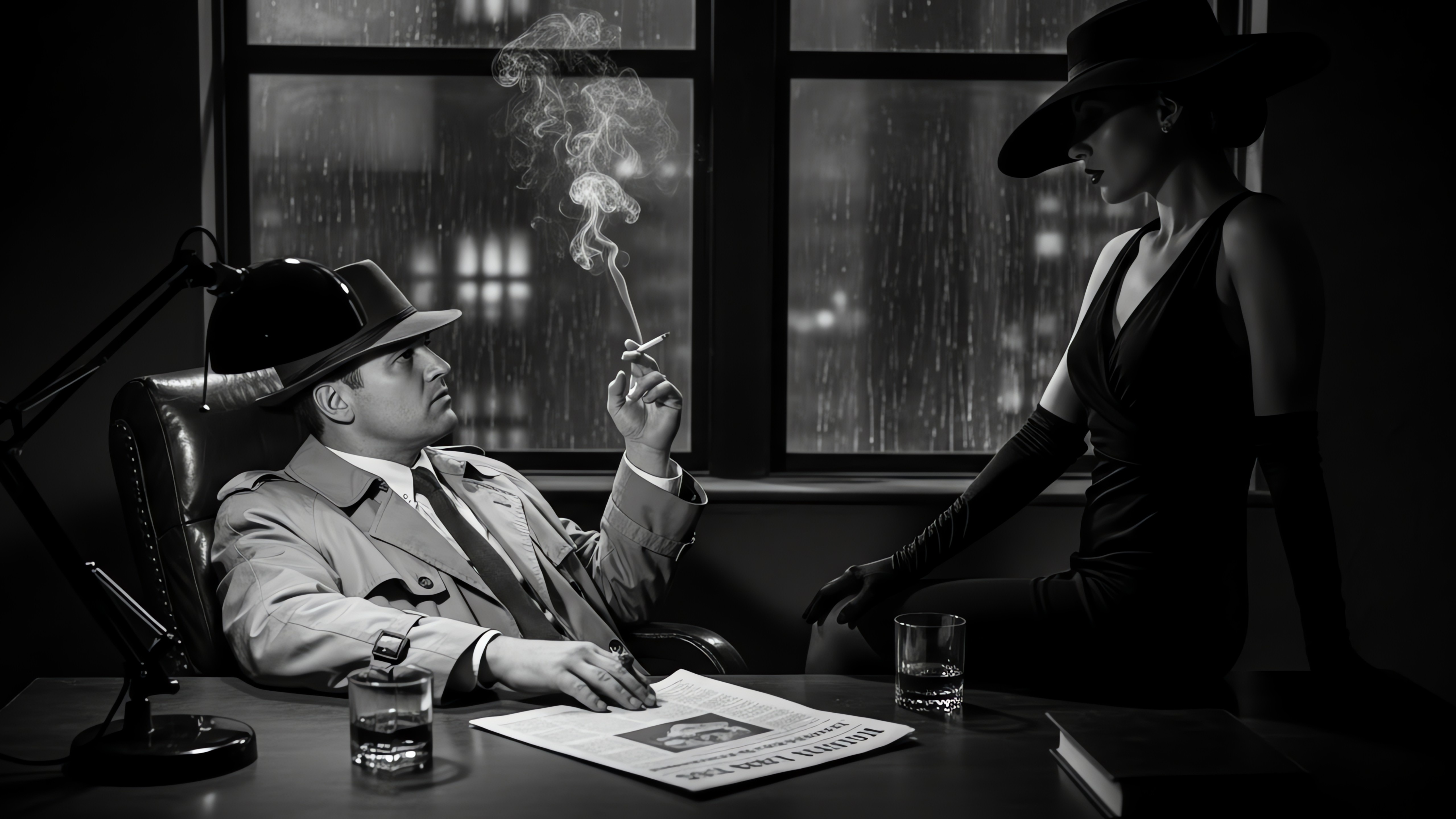 Rainy Night Noir Romance in Monochrome Shadows - backiee