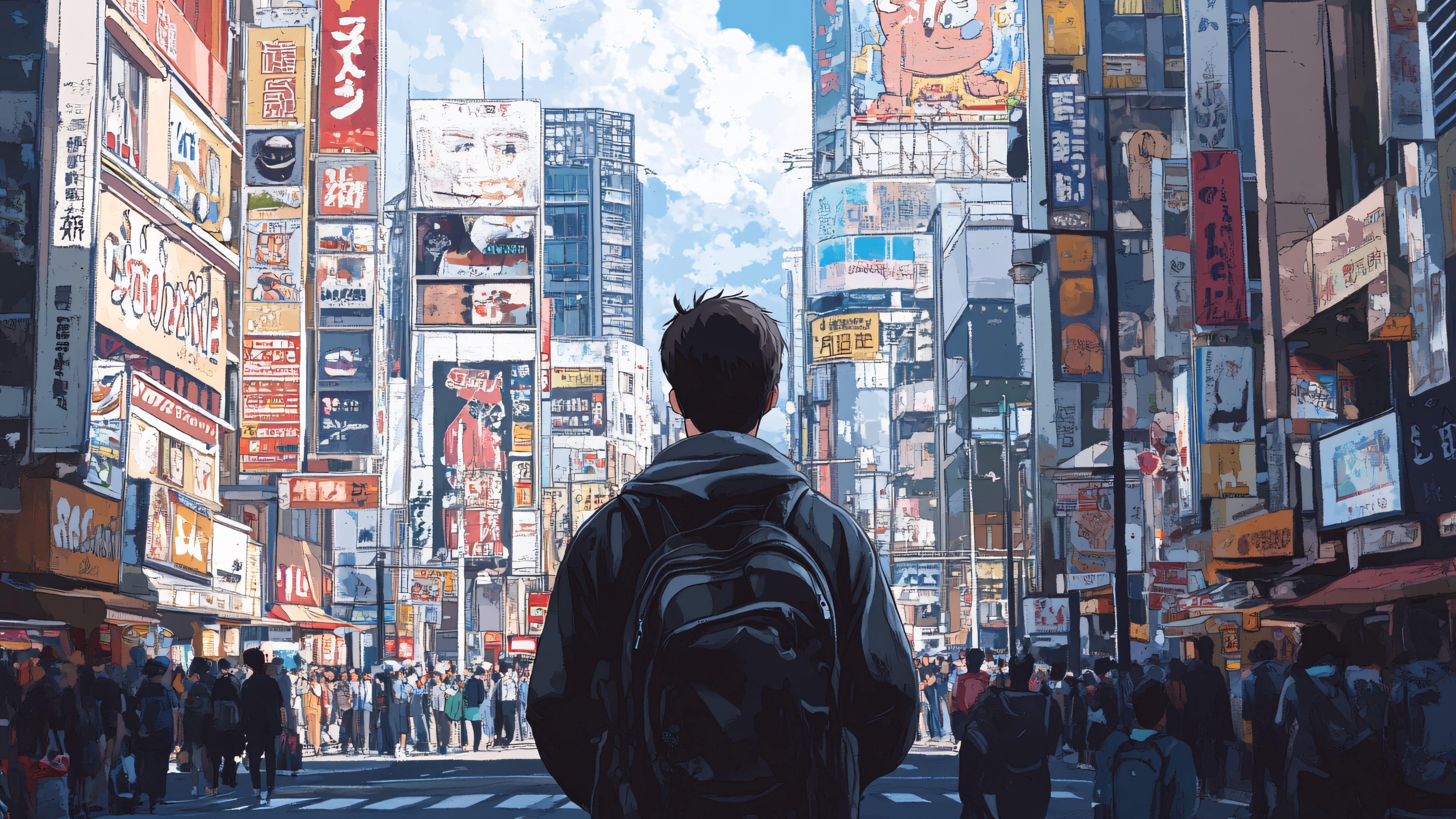 Lone Backpacker at Shibuya Crossing Under Neon Skies - backiee