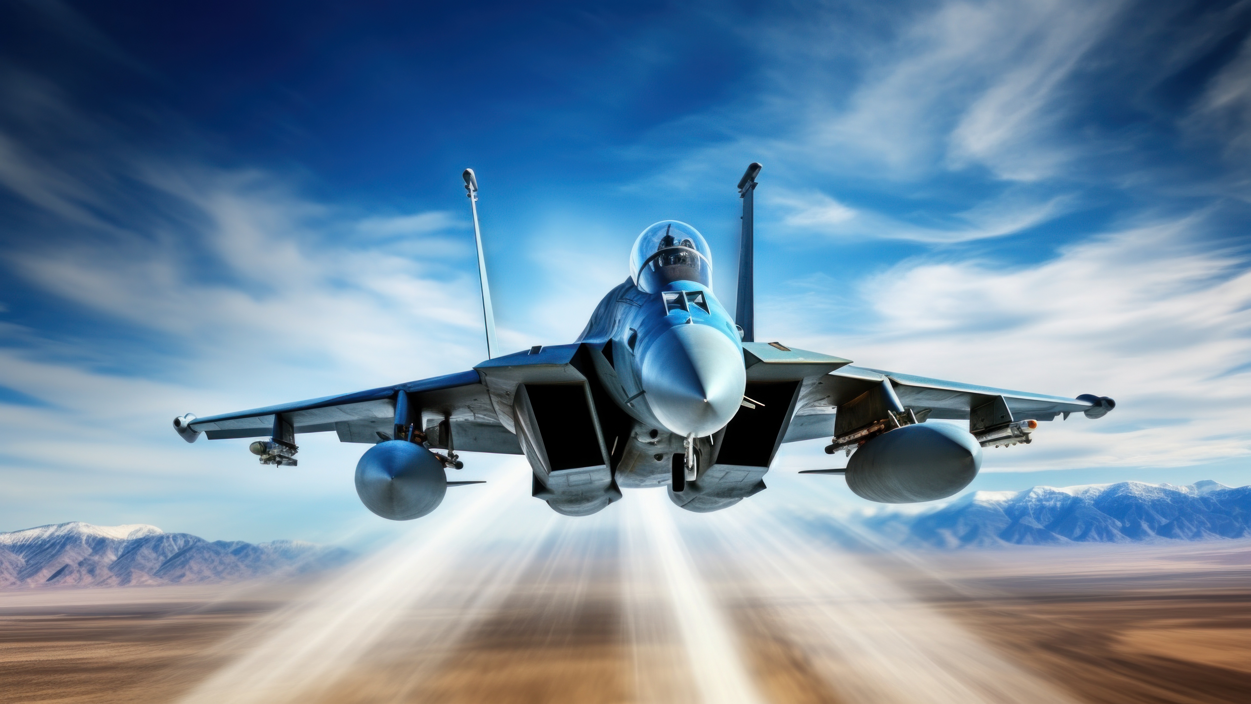 Supersonic Strike Jet Roaring Low Over Desert Mountains - backiee
