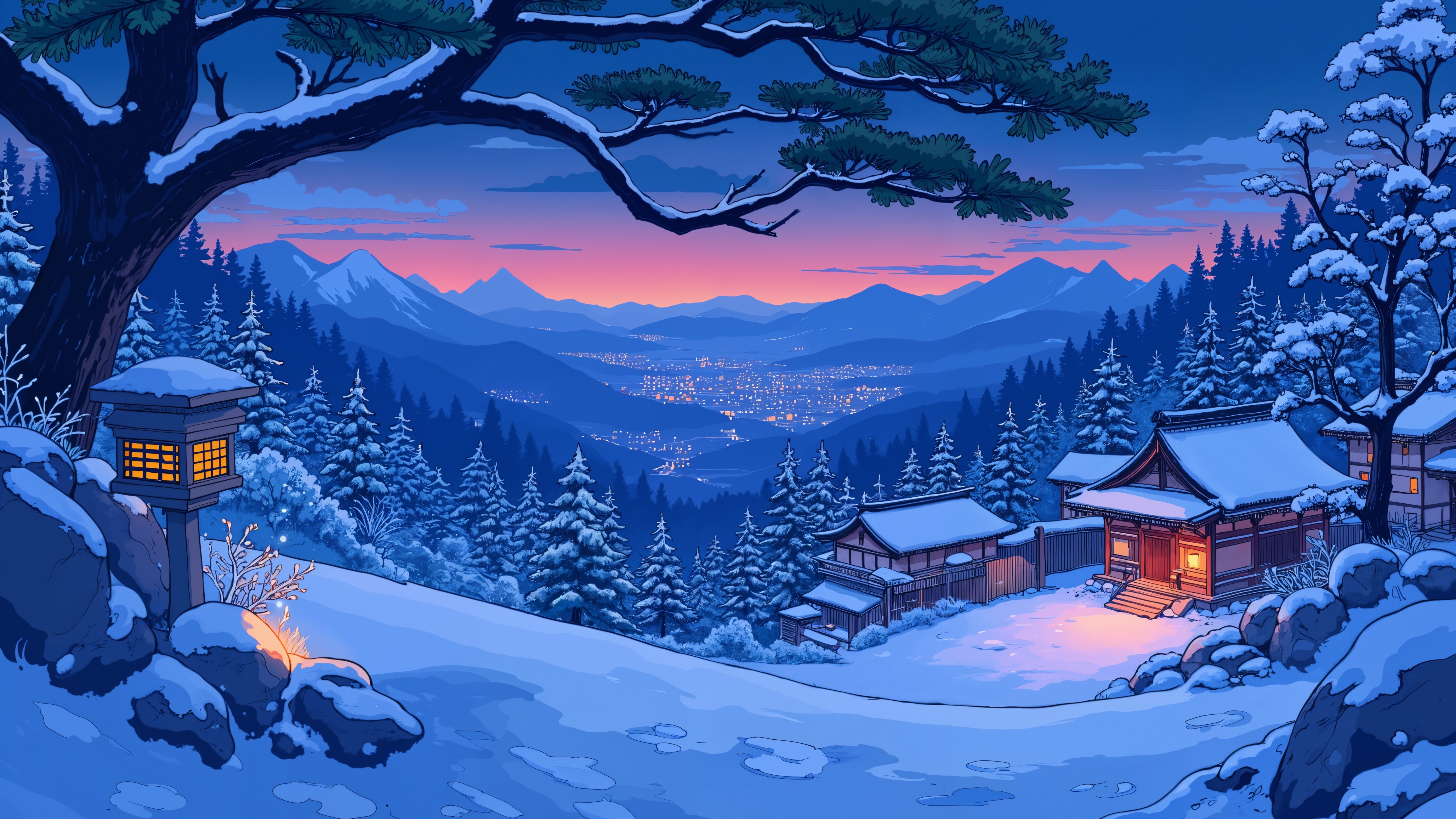 Serene Anime Winter Night Over Mountain Village in Japan - backiee