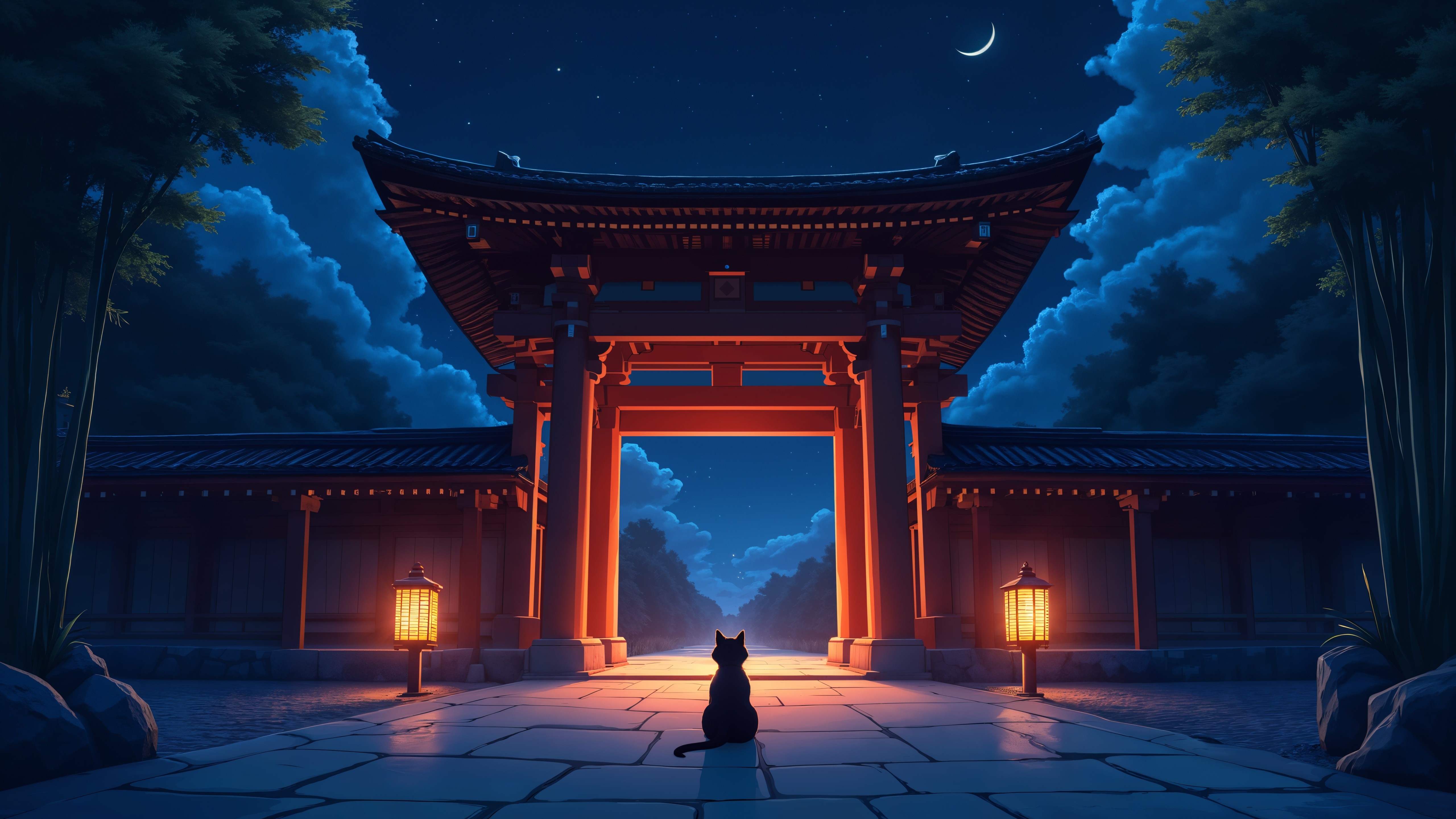Moonlit Temple Gate with Lone Anime Cat at Dusk - backiee