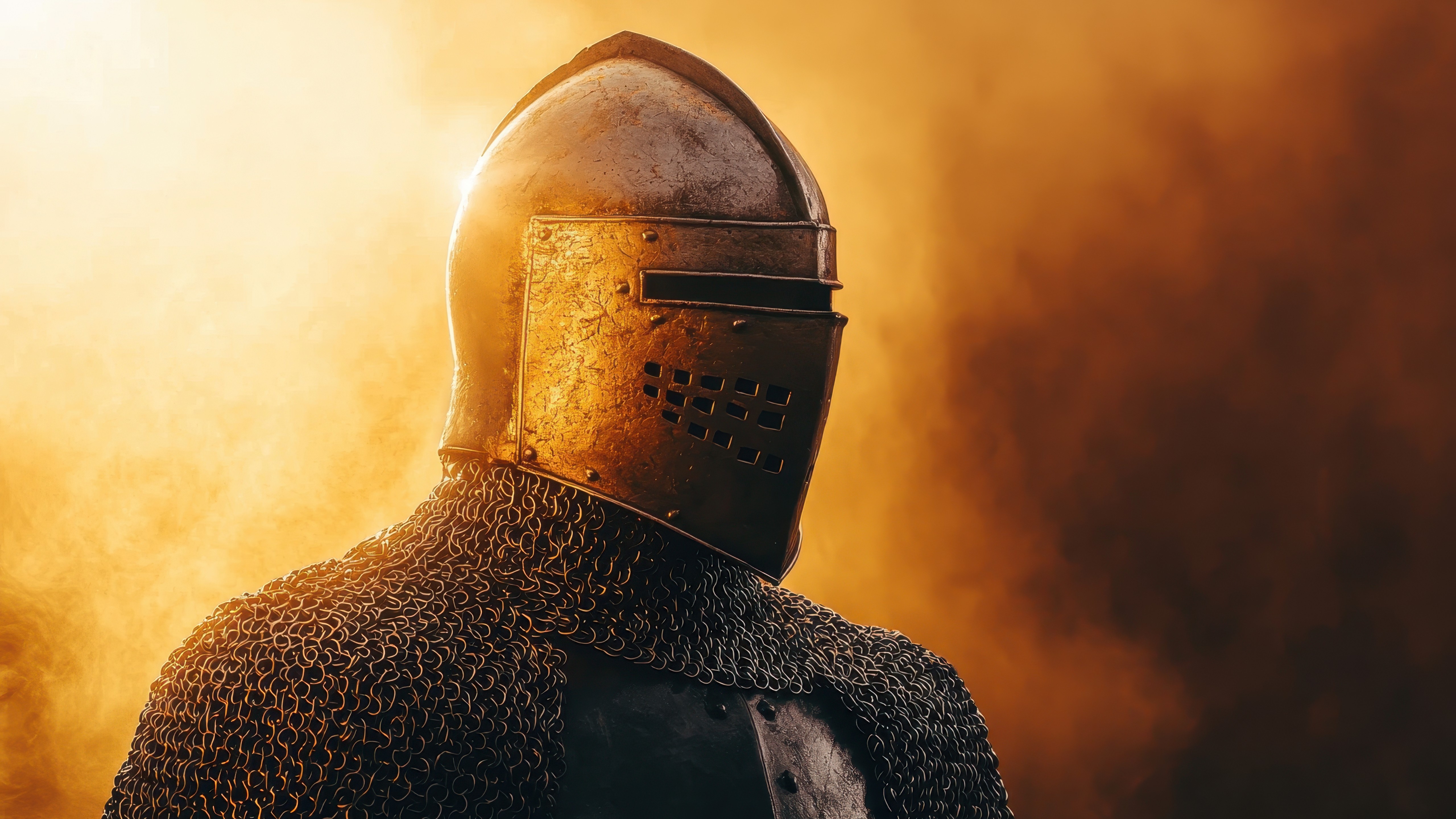 Sunlit Crusader Helm and Chainmail in Emberlit Fantasy Haze - backiee