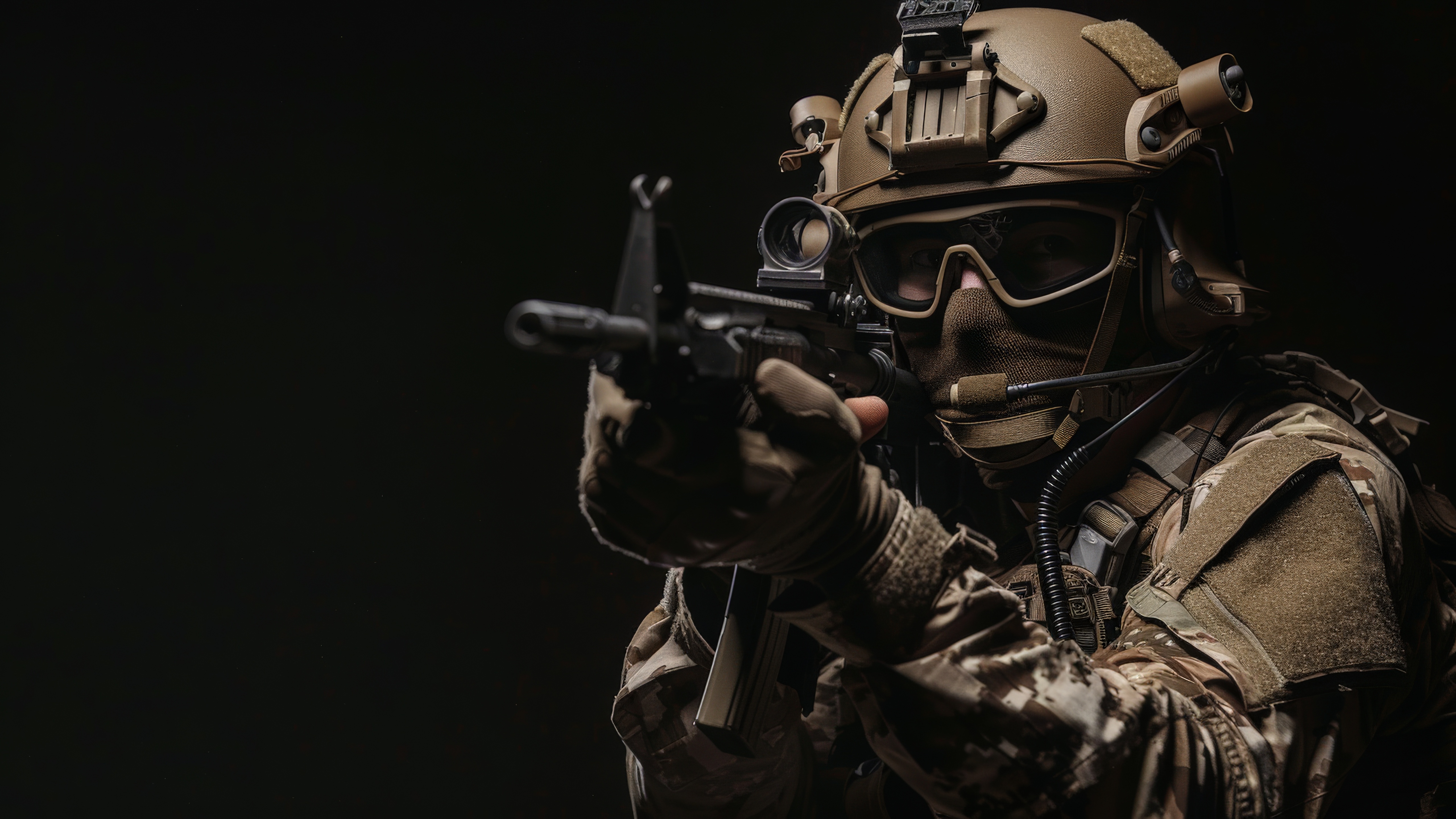 Shadow Ops Infantry Soldier Aiming Rifle on Deep Black Background - backiee