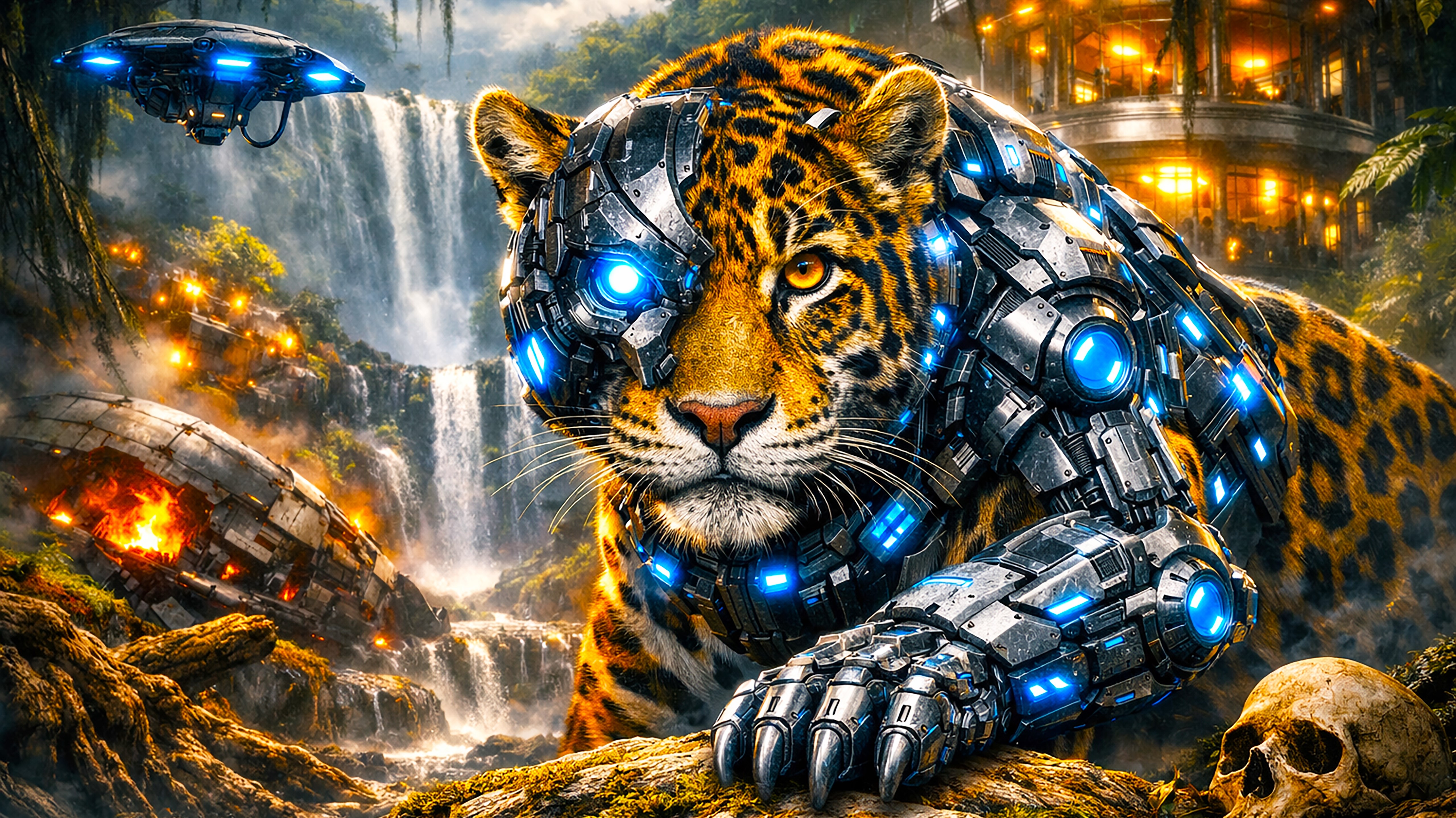 Cybernetic Tiger Guardian Among Waterfalls and Neon Ruins - backiee