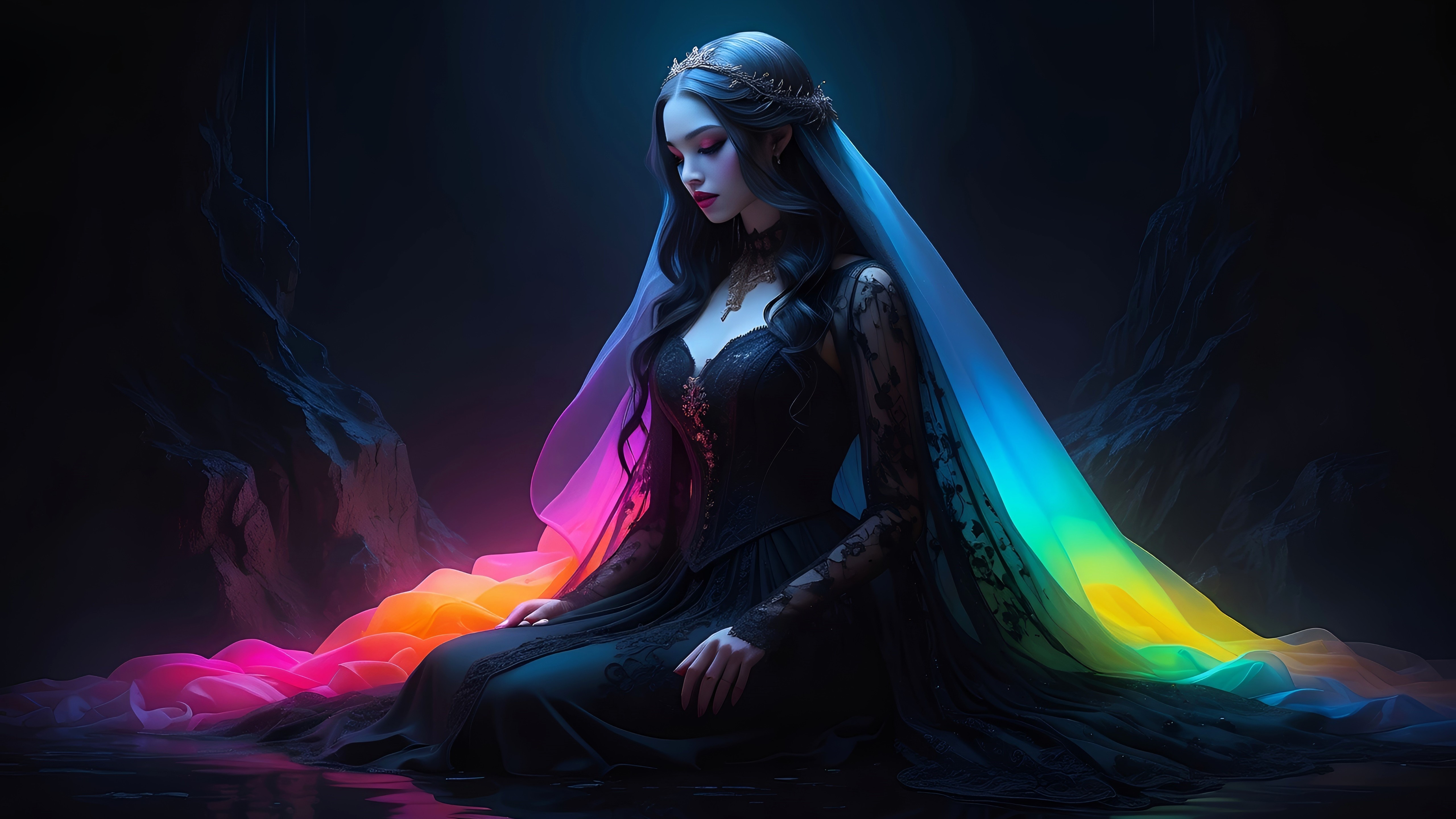Rainbow Veil Sorceress in Midnight Grotto Fantasy 5K Wallpaper - backiee