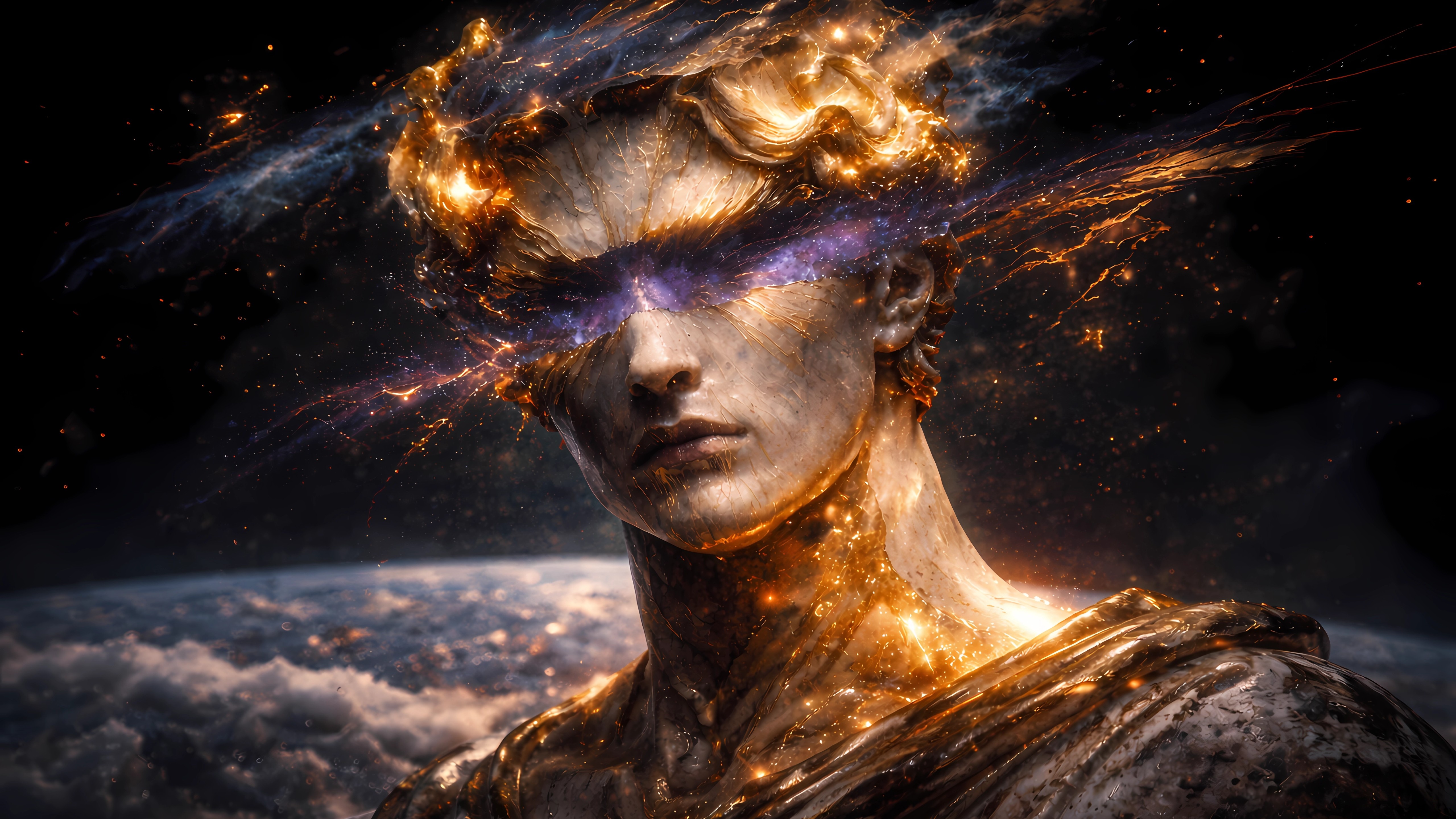 Celestial Marble Oracle with Nebula Crown and Starlit Veil - backiee