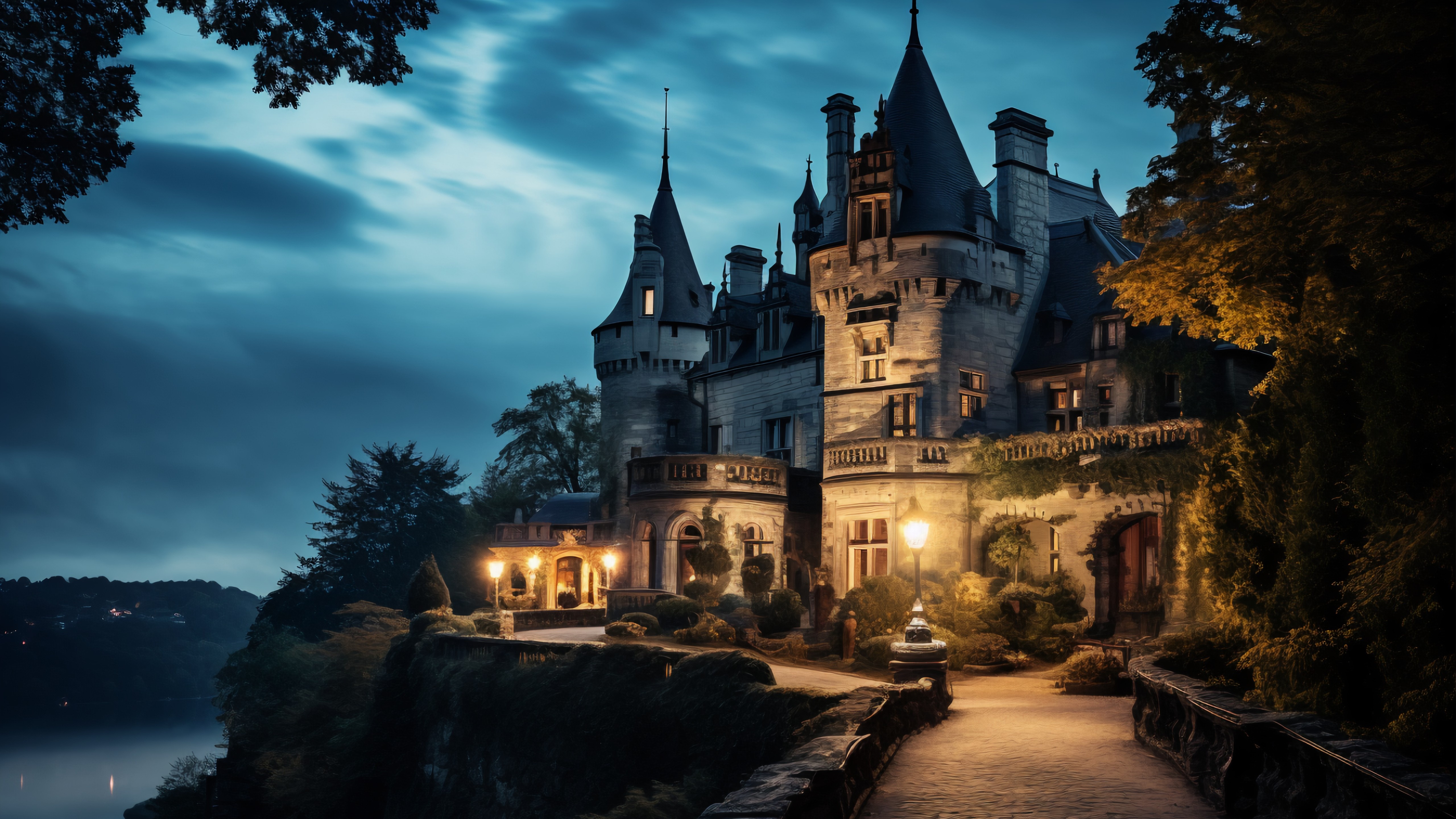 Twilight Castle Overlooking a Quiet Lakeside Cityscape - backiee