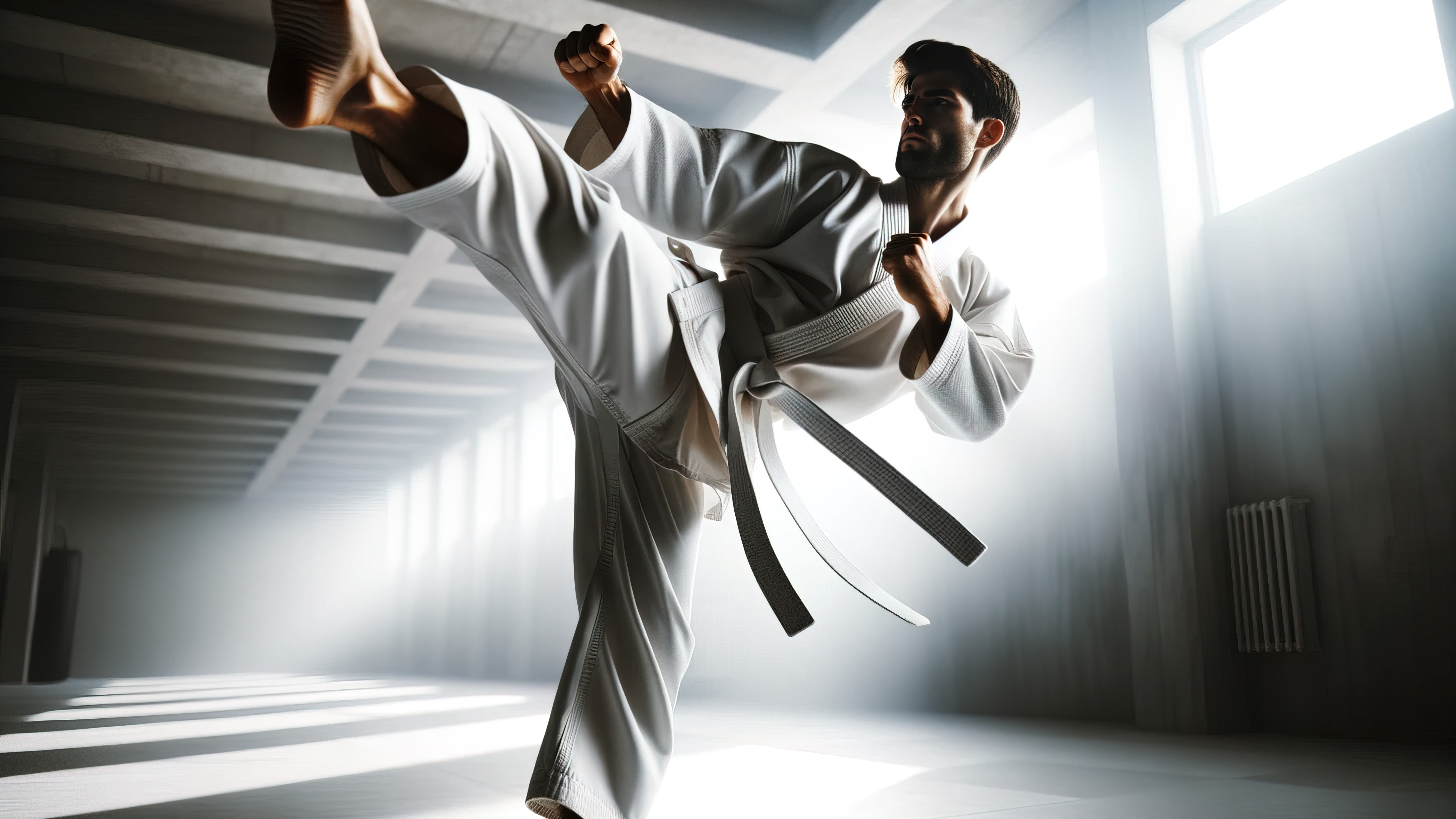 Dynamic Karate Kick in Sunlit Dojo - backiee