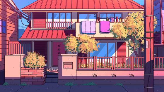 Cozy Anime Cottage at Dusk - backiee