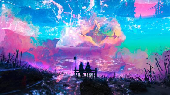 Bench in Surreal Fantasy Landscape - backiee