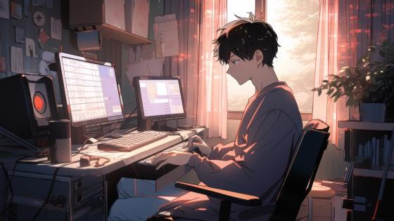 Serene Coding Sanctuary in Anime Style - backiee