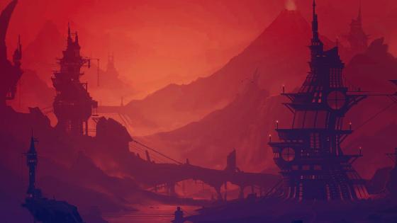 Futuristic Anime Red Horizon Landscape - backiee