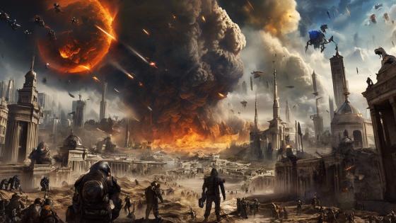 Fiery Apocalypse Over Ruined Cities and Armies Clash - backiee