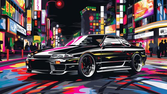Neon Dreams in Motion: Nissan Skyline R34 in 4K Art - backiee