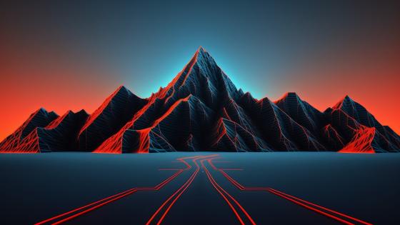 Synthwave Mountain Peaks in Evening Glow - backiee