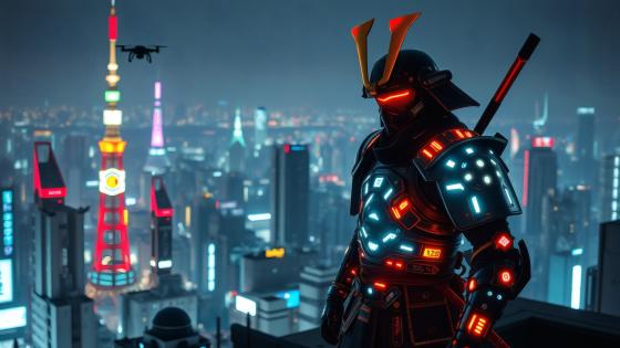 Futuristic Samurai Overlooking Neon Skyline in 8K - backiee