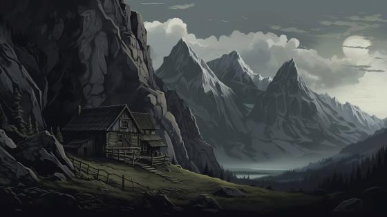 Ridge Cabin Serenity in Fantasy Landscape - backiee