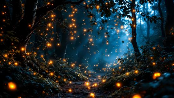Magical forest illuminated with strange lights. - backiee