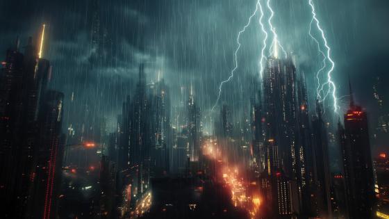 Midnight Storm Over Neon Skyscrapers - backiee
