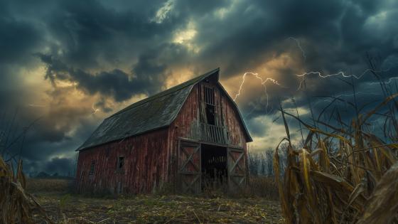 Rural Storm: Lightning Over Prairie Barn - backiee