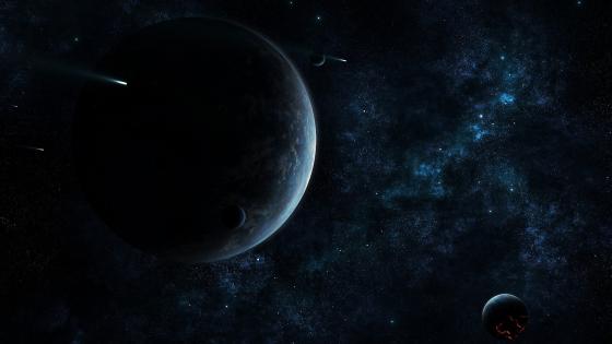 Midnight Blue Planet Over Starfield with Meteor Streaks - backiee