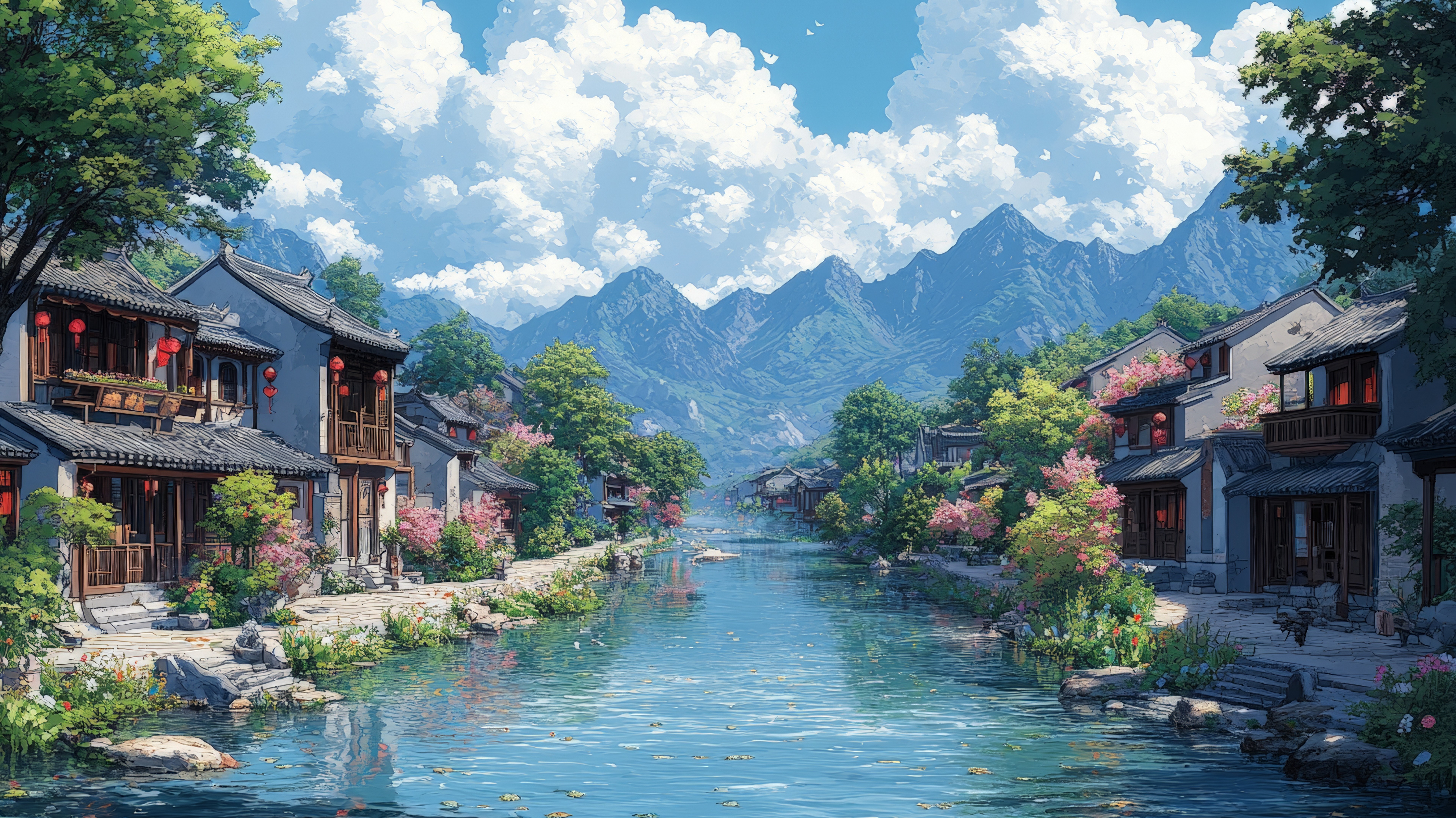 Anime Village in a Serene Mountain Valley - backiee