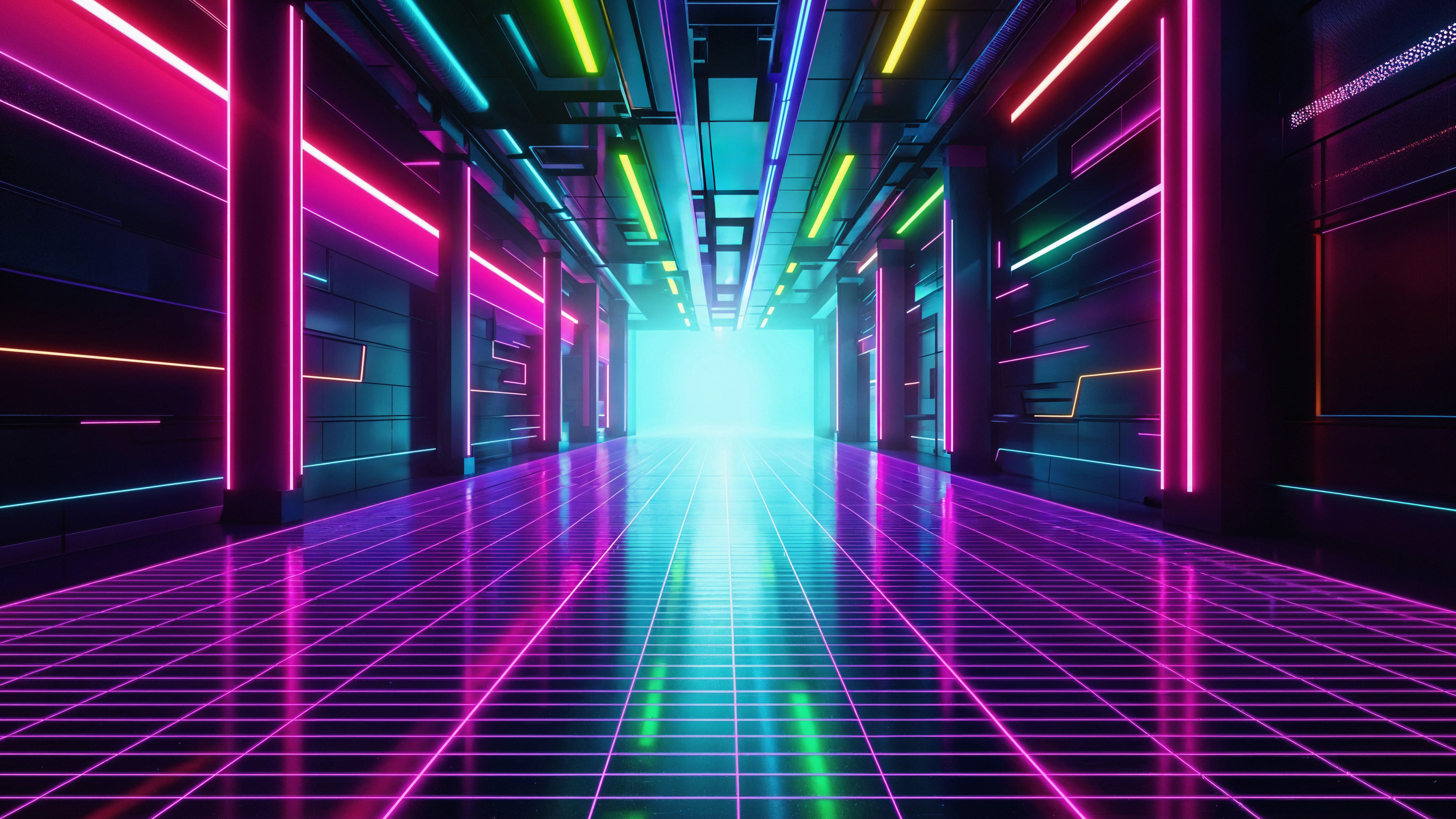 Futuristic Neon Corridor with Vibrant Lights - backiee