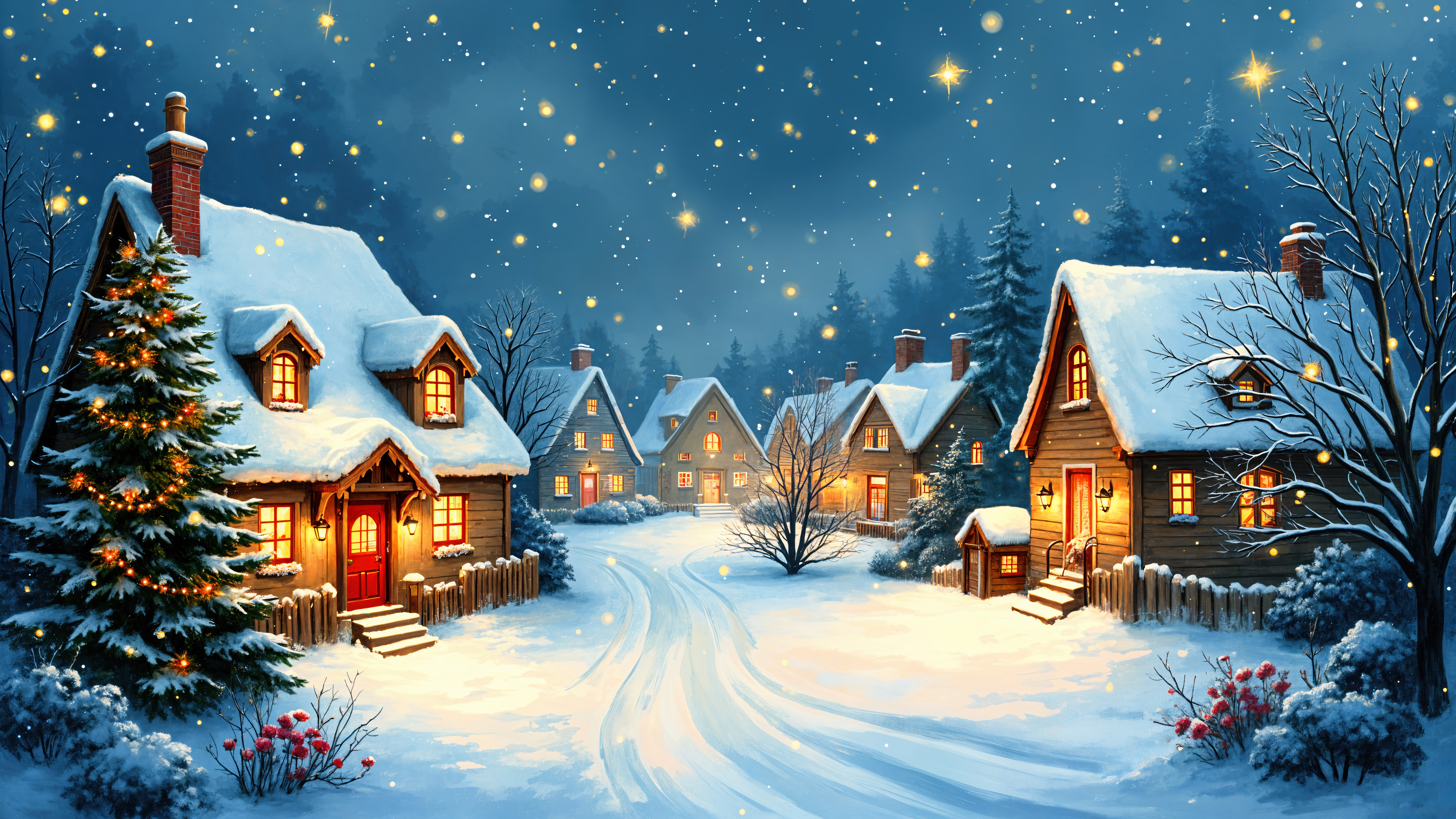 Cozy Winter Wonderland in a Snowy Village Scene - backiee