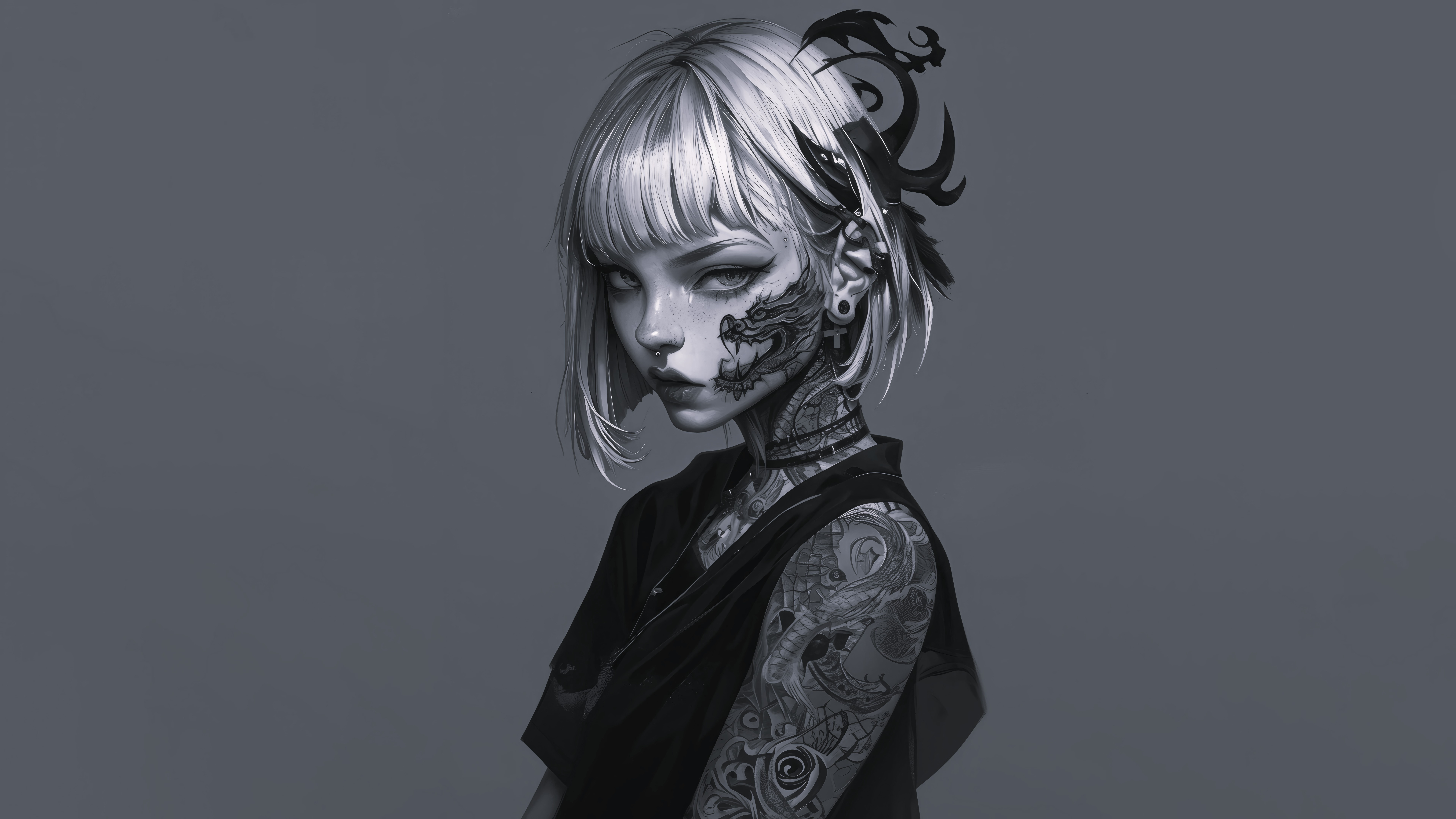 Monochrome Silver Haired Anime Girl with Inked Darkness - backiee