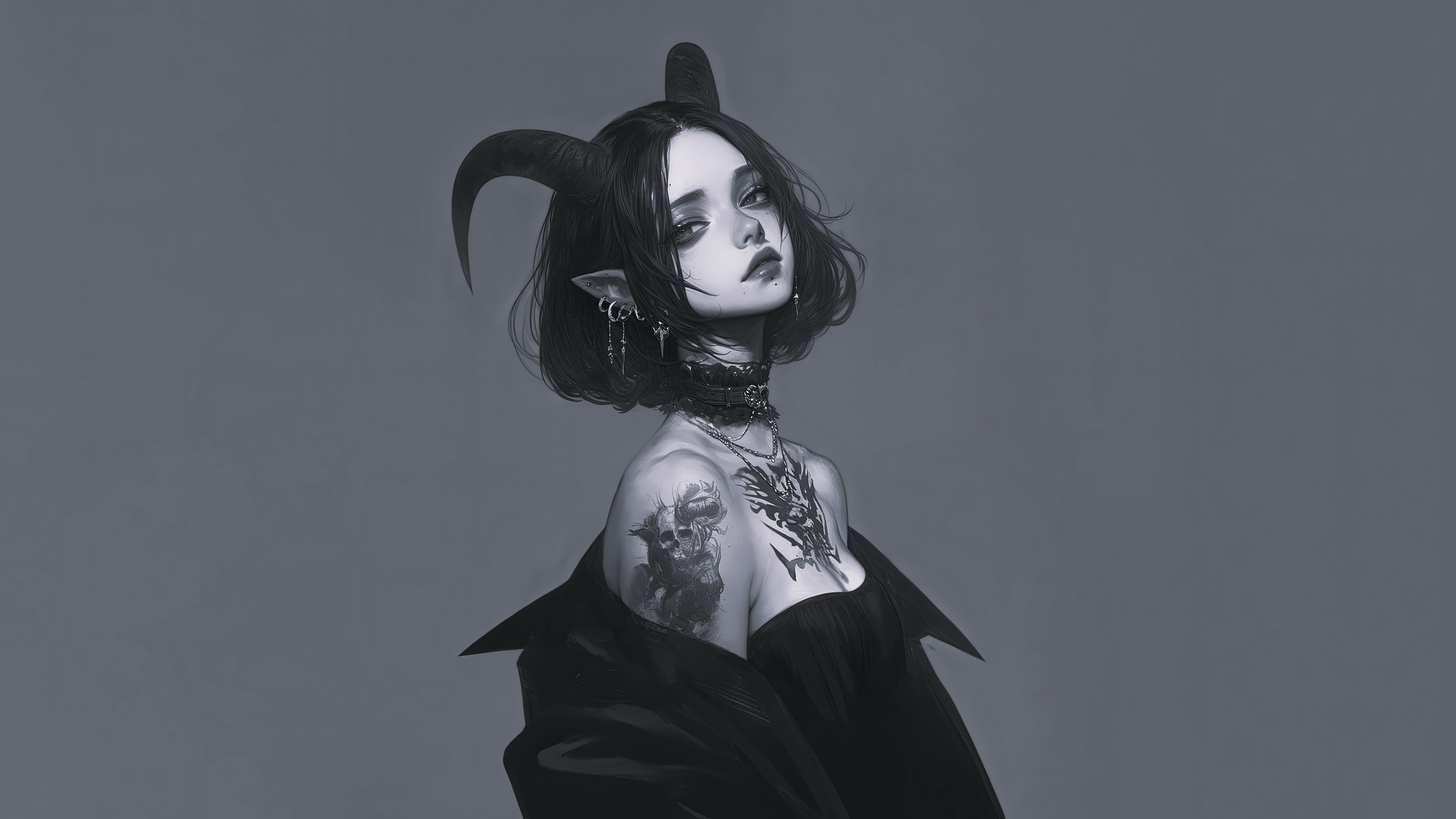 Gothic Demon Girl Portrait with Horns and Inked Elegance - backiee