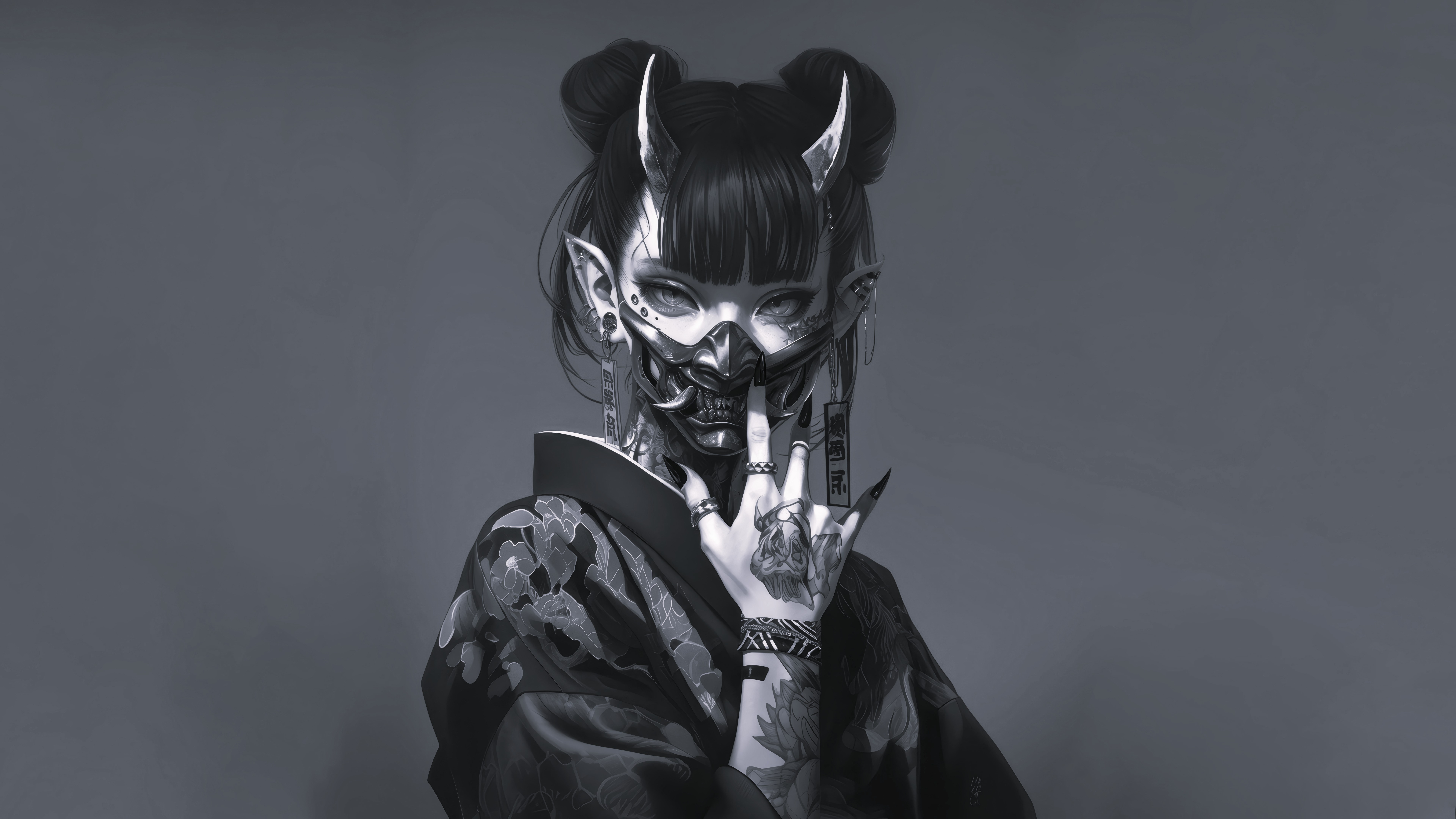 Monochrome Demon Horned Samurai Girl in Kimono Dark Fantasy - backiee