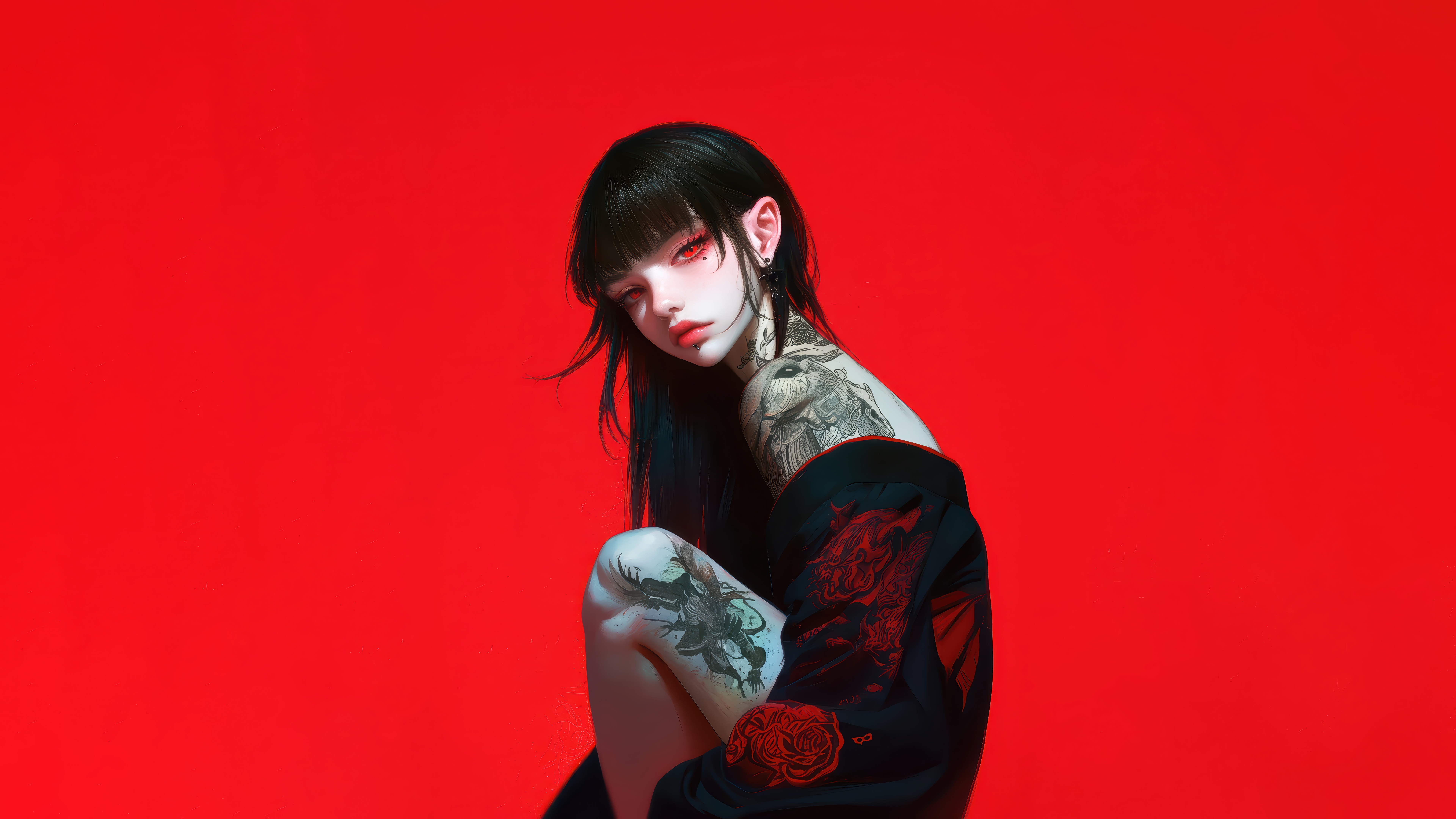 Crimson Gaze Tattooed Anime Girl on Minimal Red Background - backiee