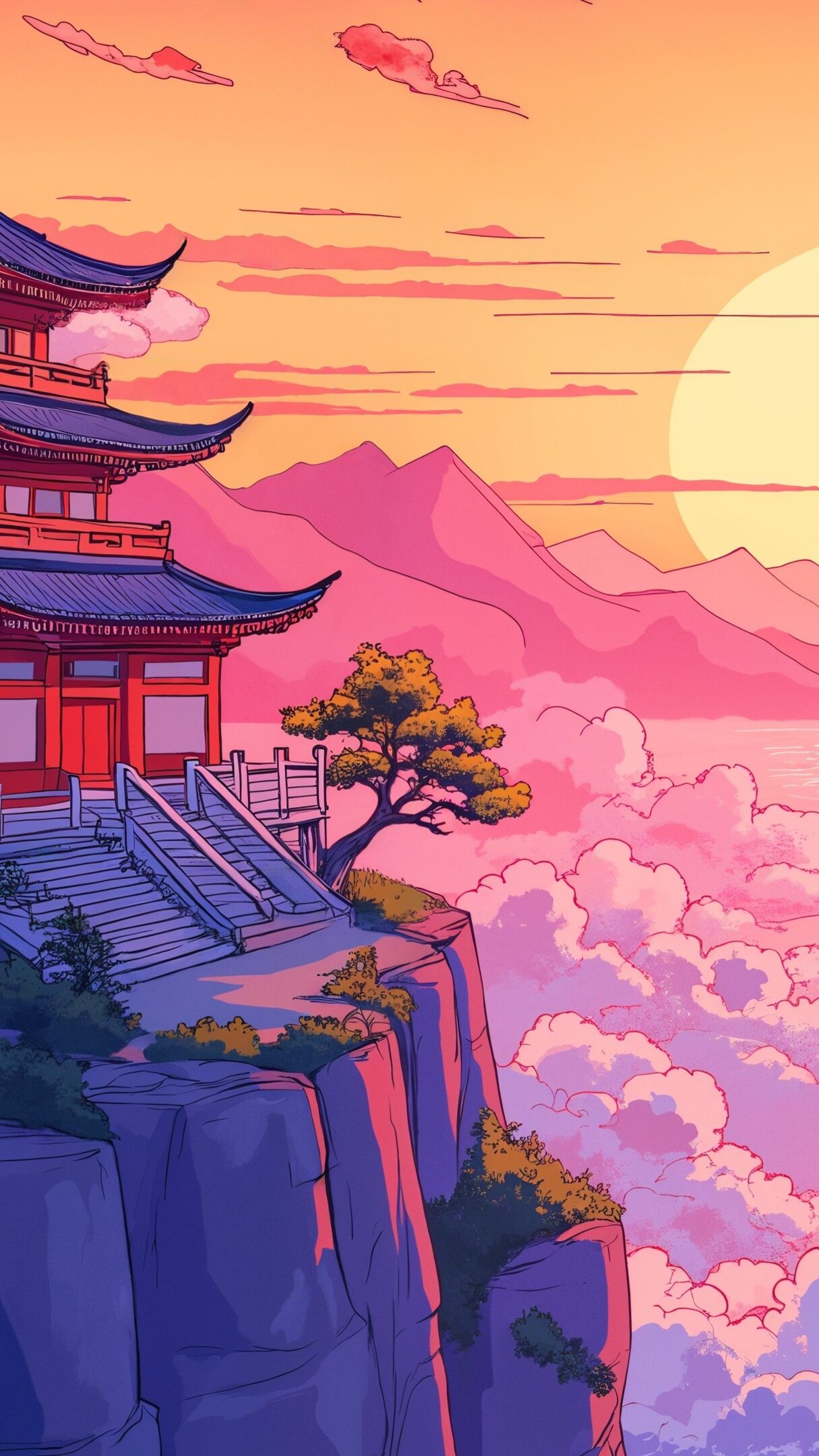 Pagoda at Sunset in Anime Style - backiee