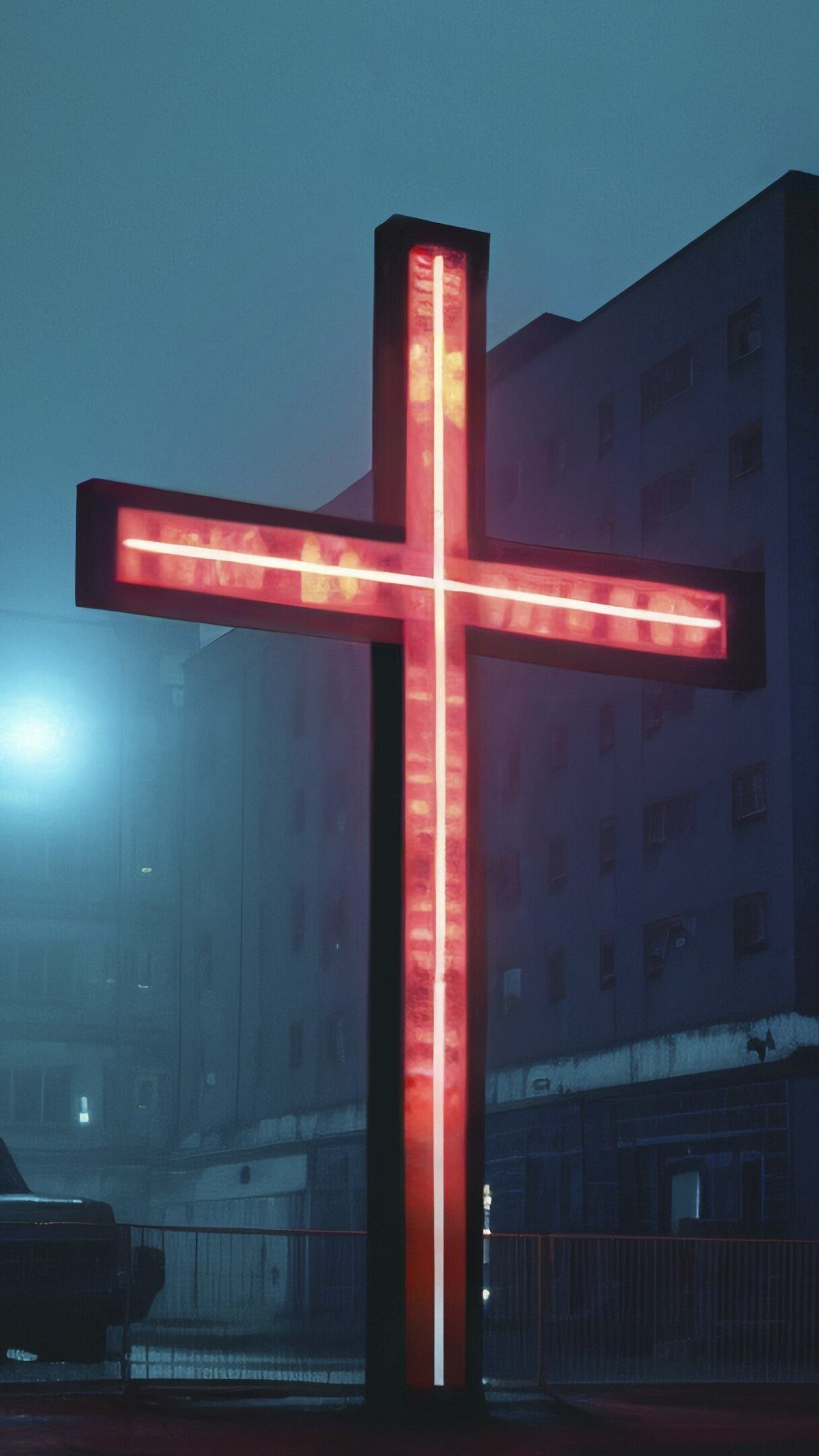 Neon Cross Illuminates the Night Sky - backiee