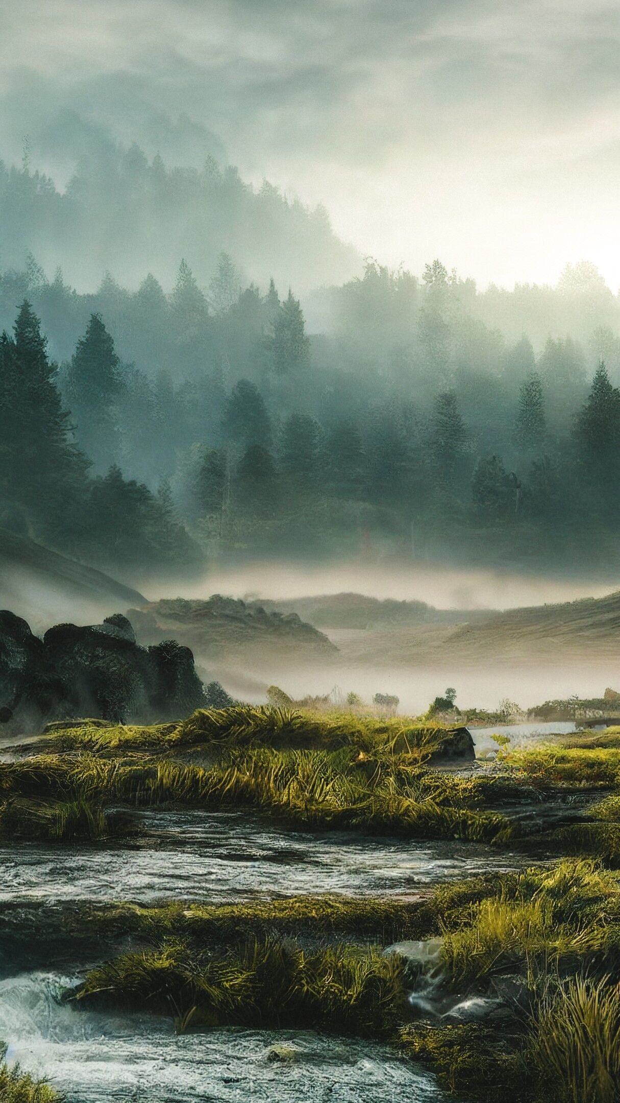 Misty Forest Wilderness at Dawn - backiee