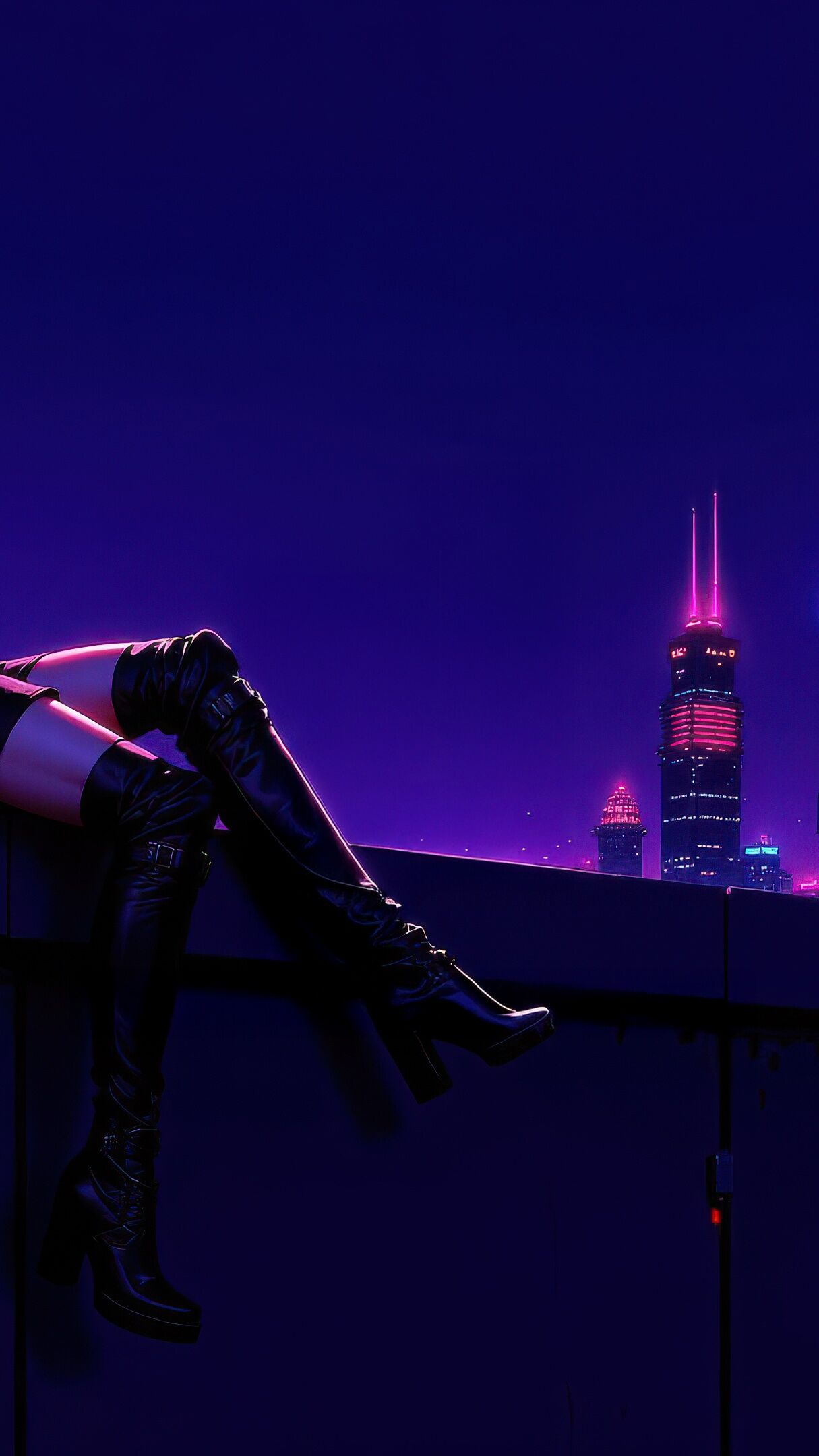 Neon Rooftop Rebel Under the Cyberpunk Night Sky - backiee