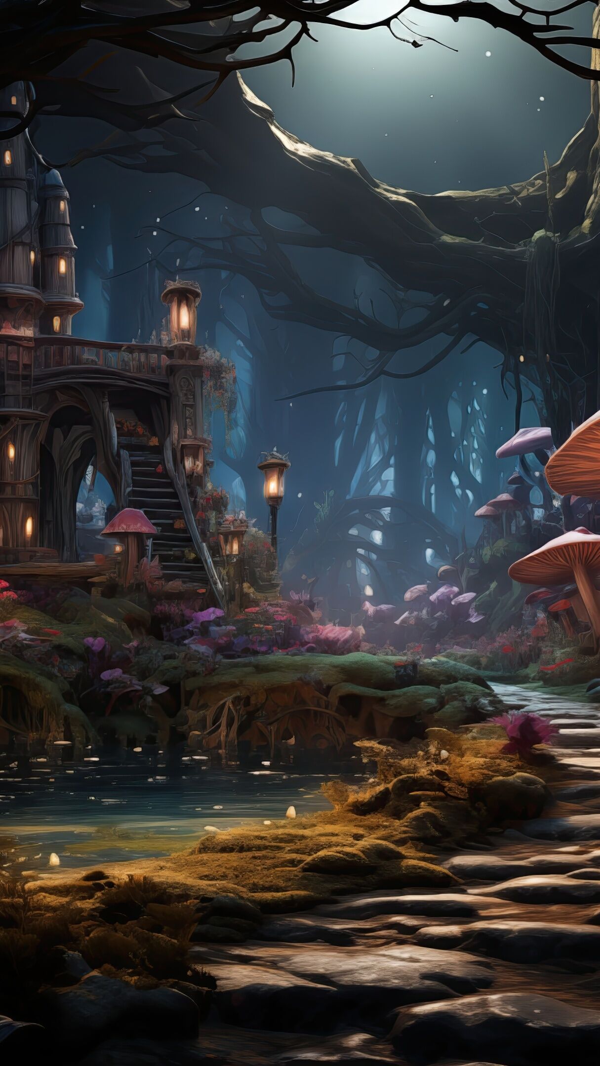 Moonlit Mushroom Village in a Enchanted Fairy Tale Forest - backiee