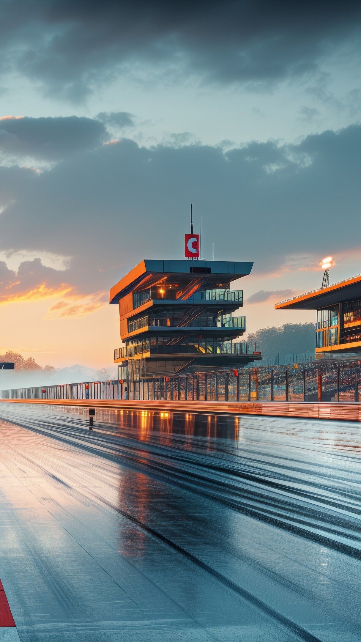 Sunset Reflections on a Modern Race Track in 4K - backiee