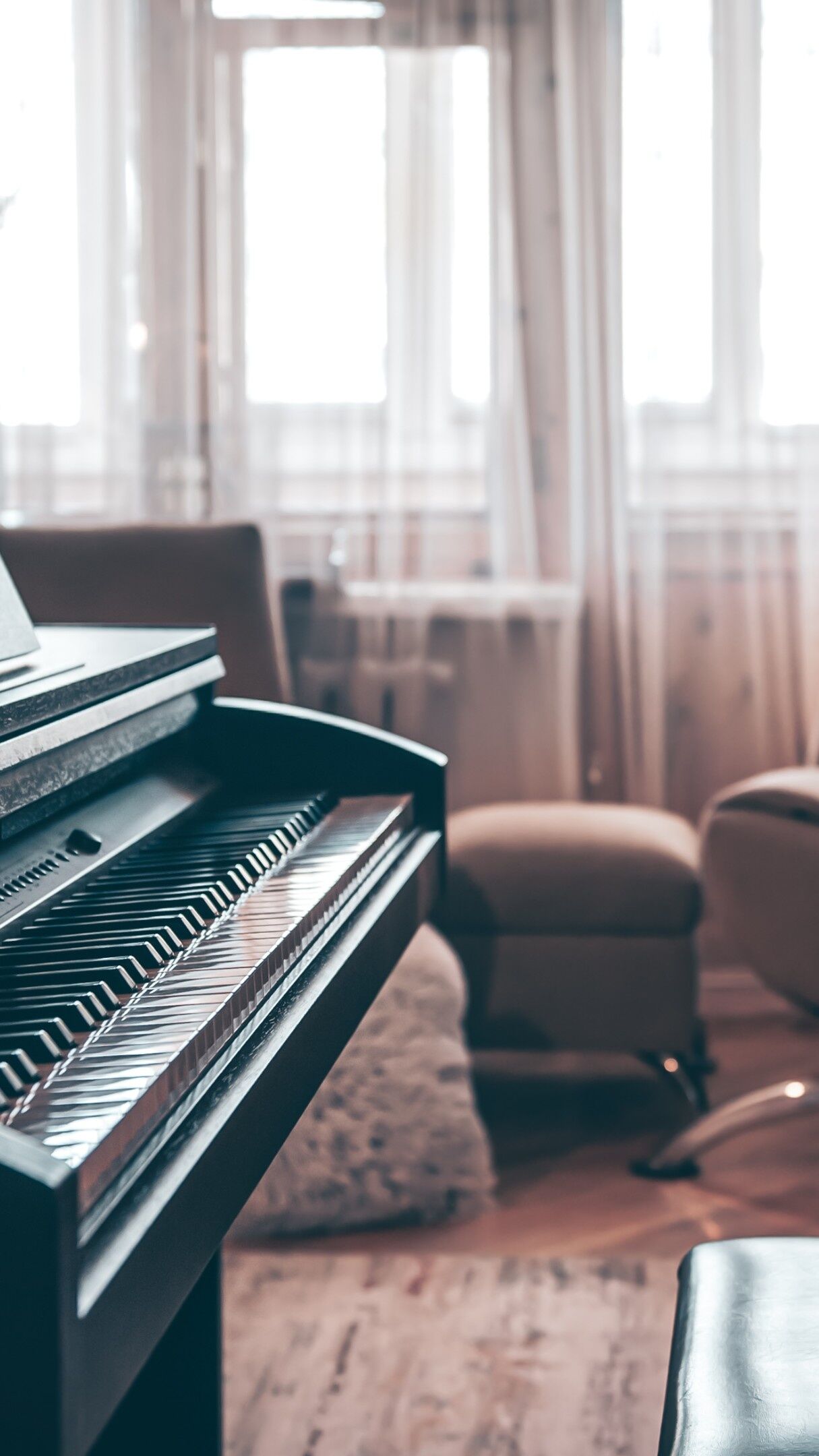 Cozy Music Room with Piano and Acoustic Guitar in Soft Light - backiee