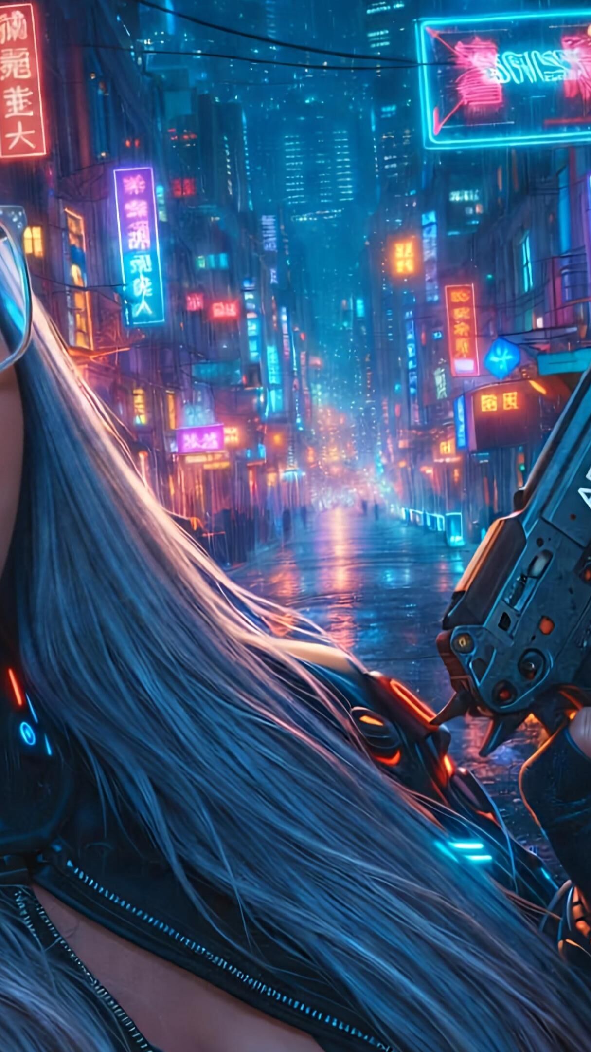 Silver Haired Cyberpunk Guardian in Neon Rainy City - backiee