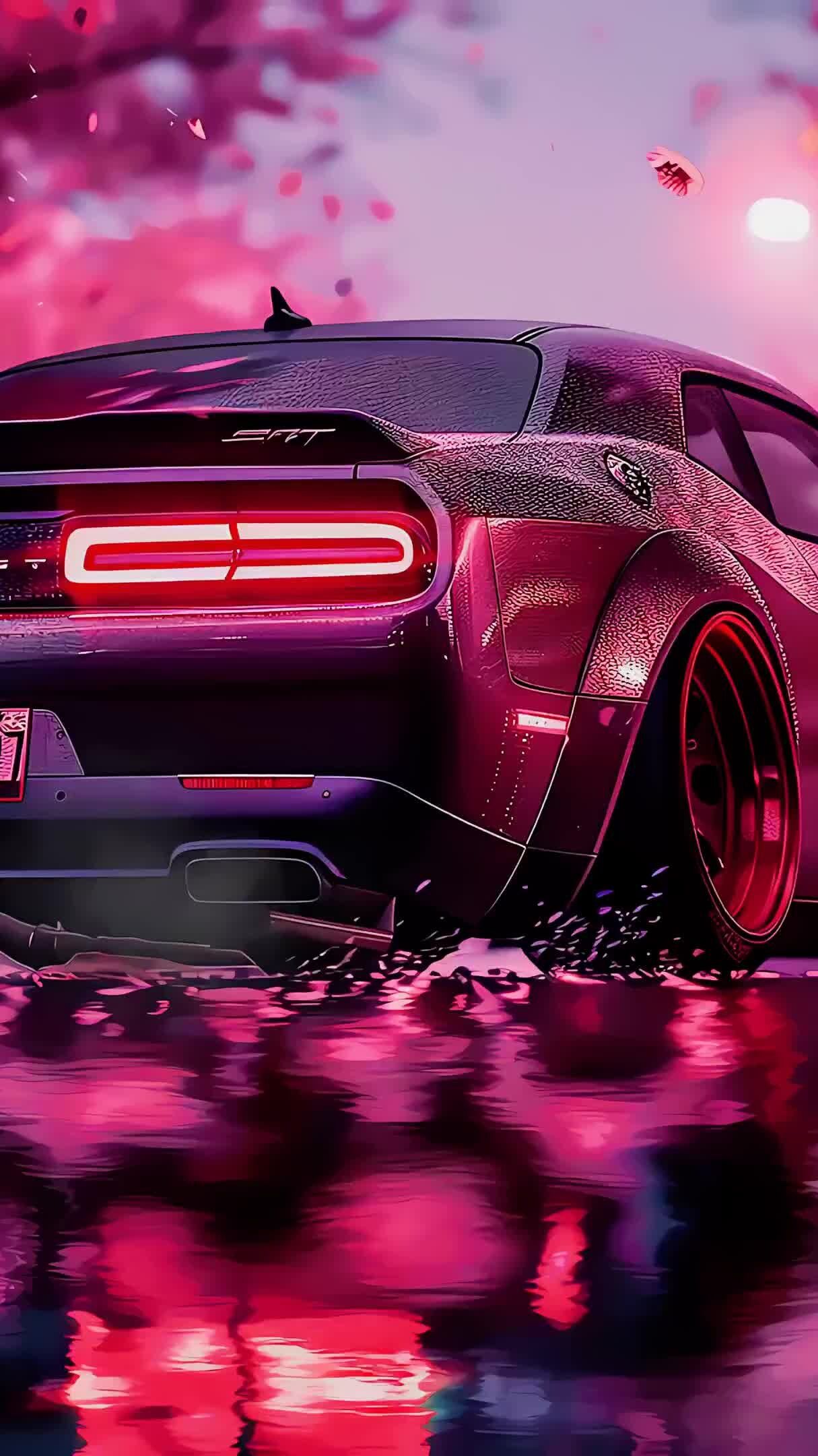 Neon Sakura Night Drive Dodge SRT Reflected in Rainy Street Puddles ...