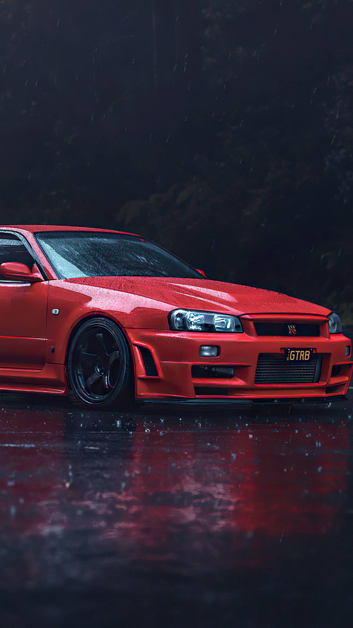 Red Nissan Skyline GT-R R34 Racing Through the Rainy Night - backiee