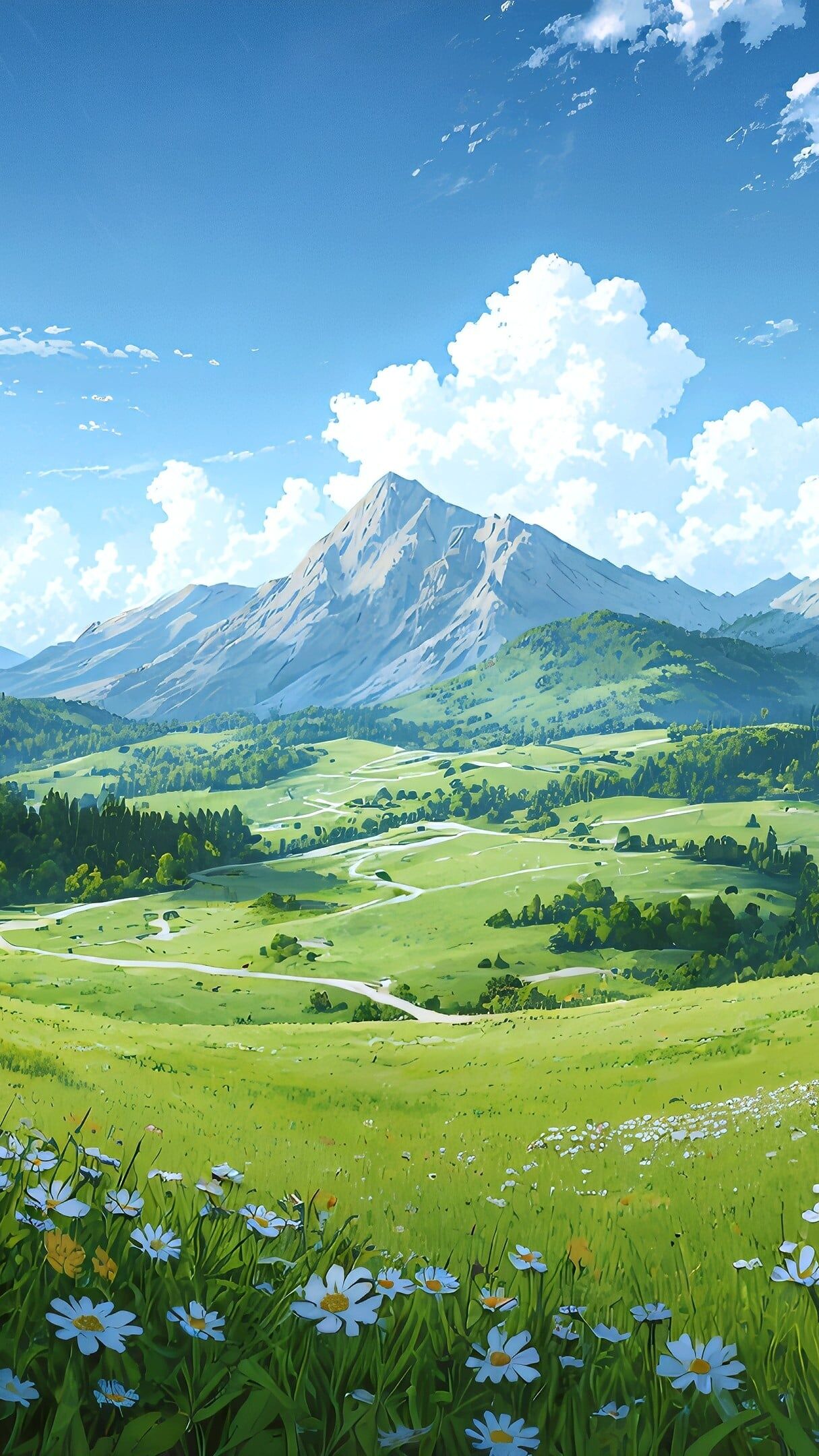 Sunlit Anime Valley Meadow with Cozy Hillside Houses in 4K - backiee