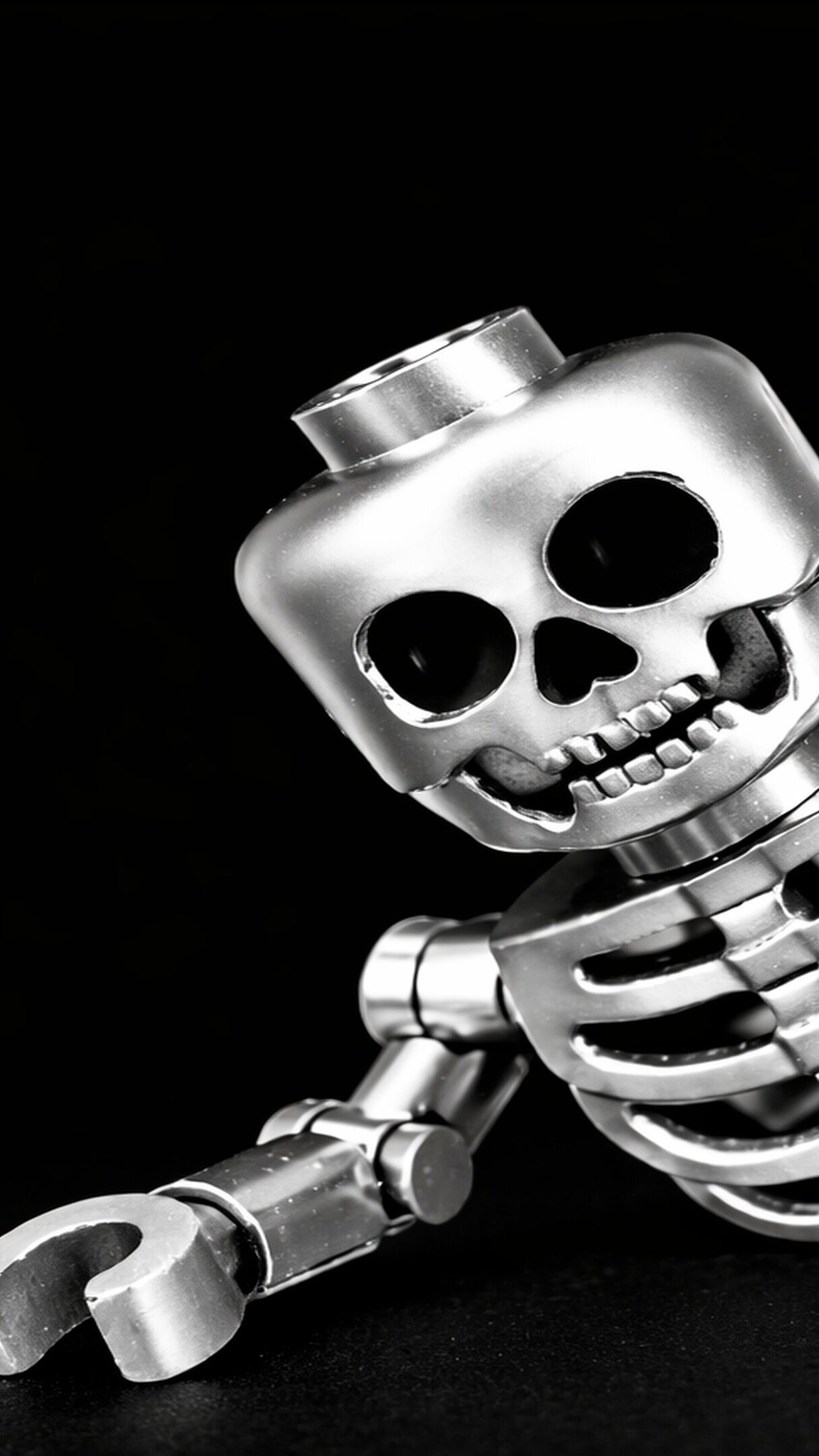 Shiny Lego Skeleton Strikes a Cheeky Pose on Deep Black - backiee