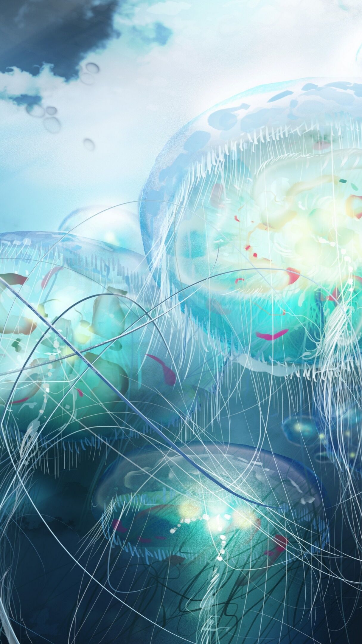 Diver Meets the Luminous Giant Jellyfish in a Blue Fantasy Deep - backiee