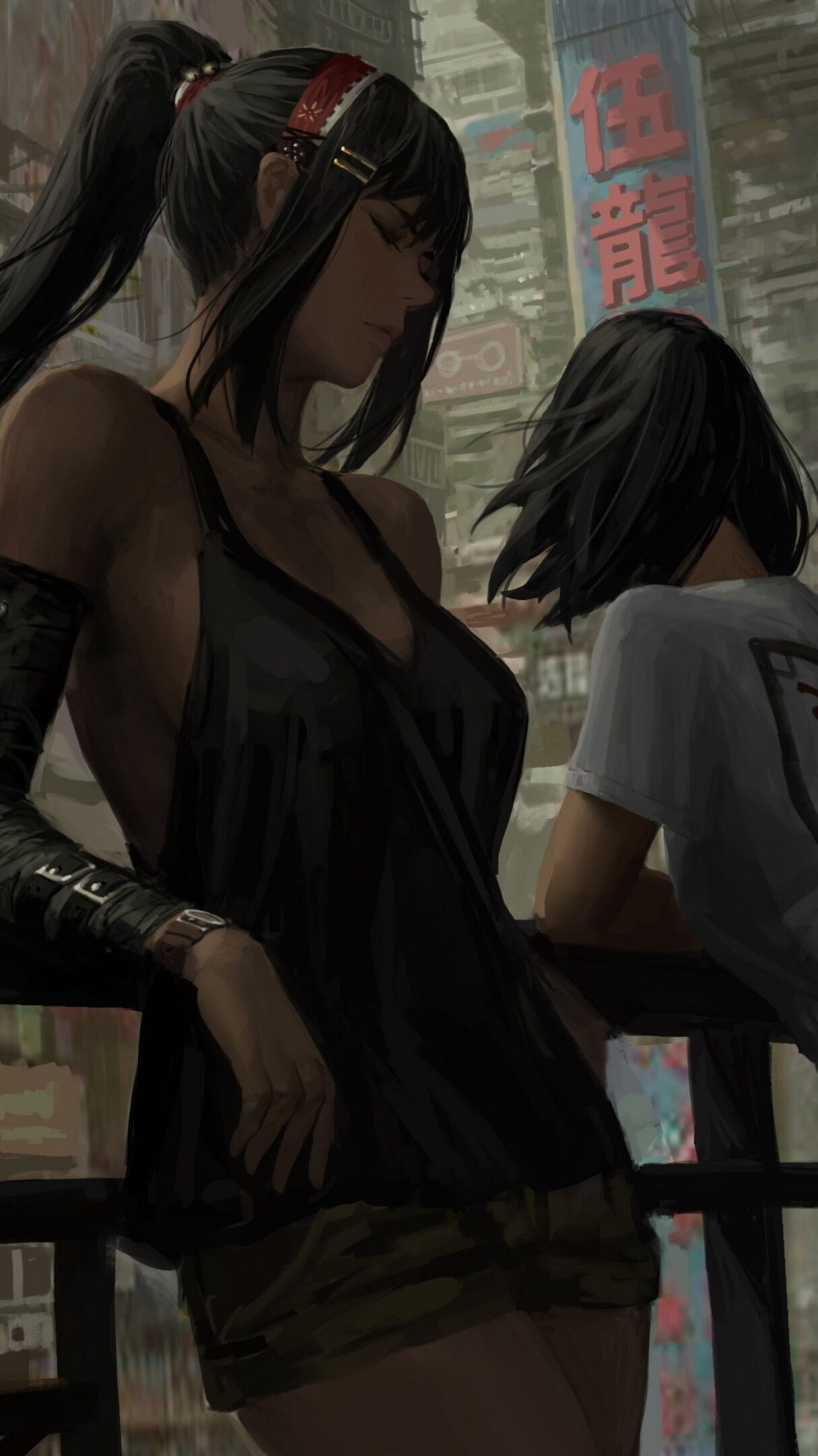 Neon Terrace Reverie with Long Haired Anime Girls in Rainy City - backiee