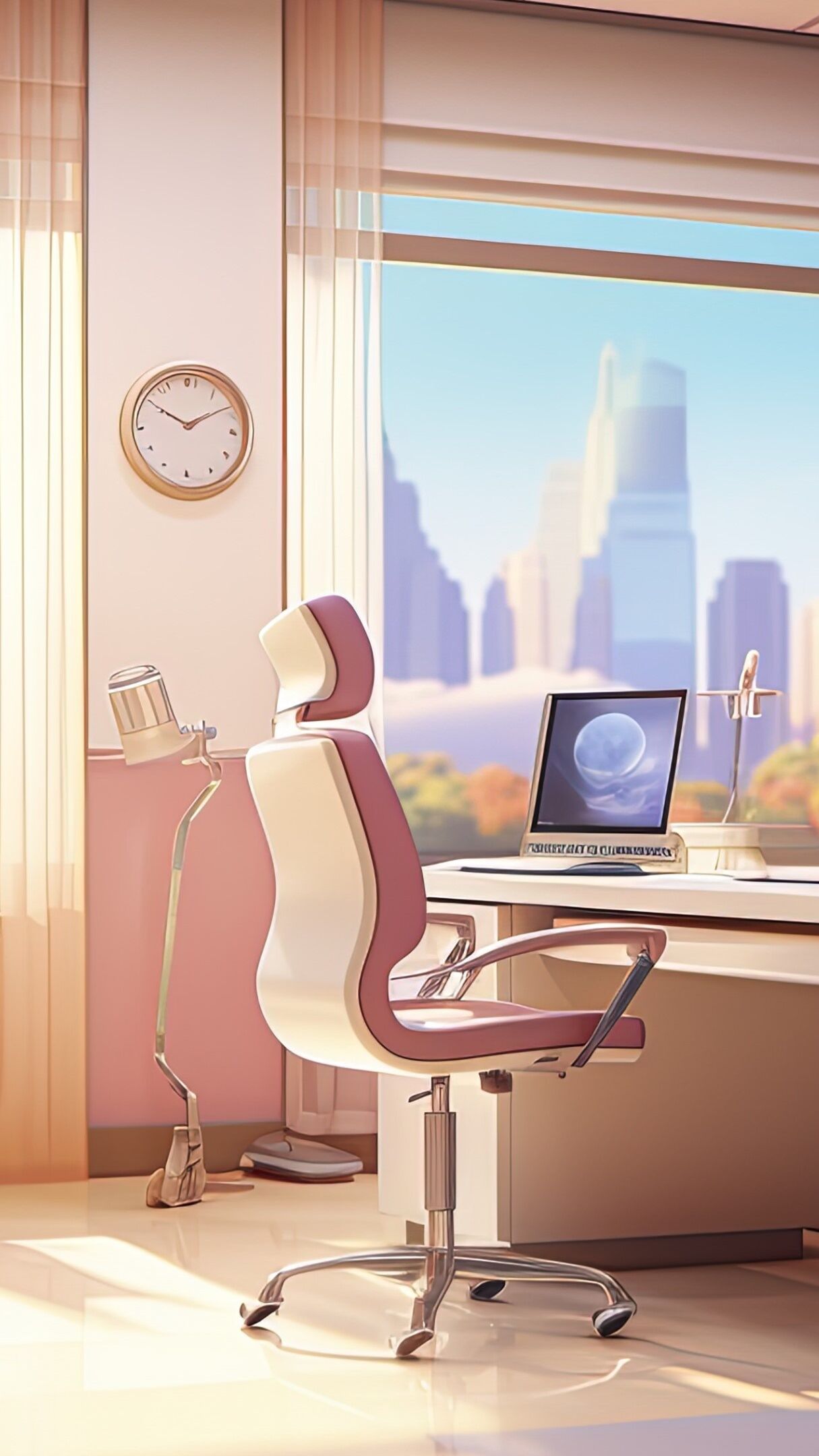 Sunlit Anime Office Desk with City Skyline Serenity - backiee
